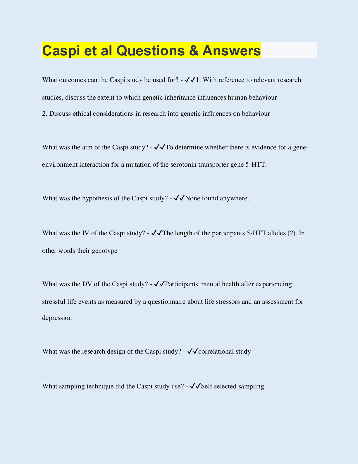Caspi et al Questions & Answers | Questions with 100% Correct Answers ...