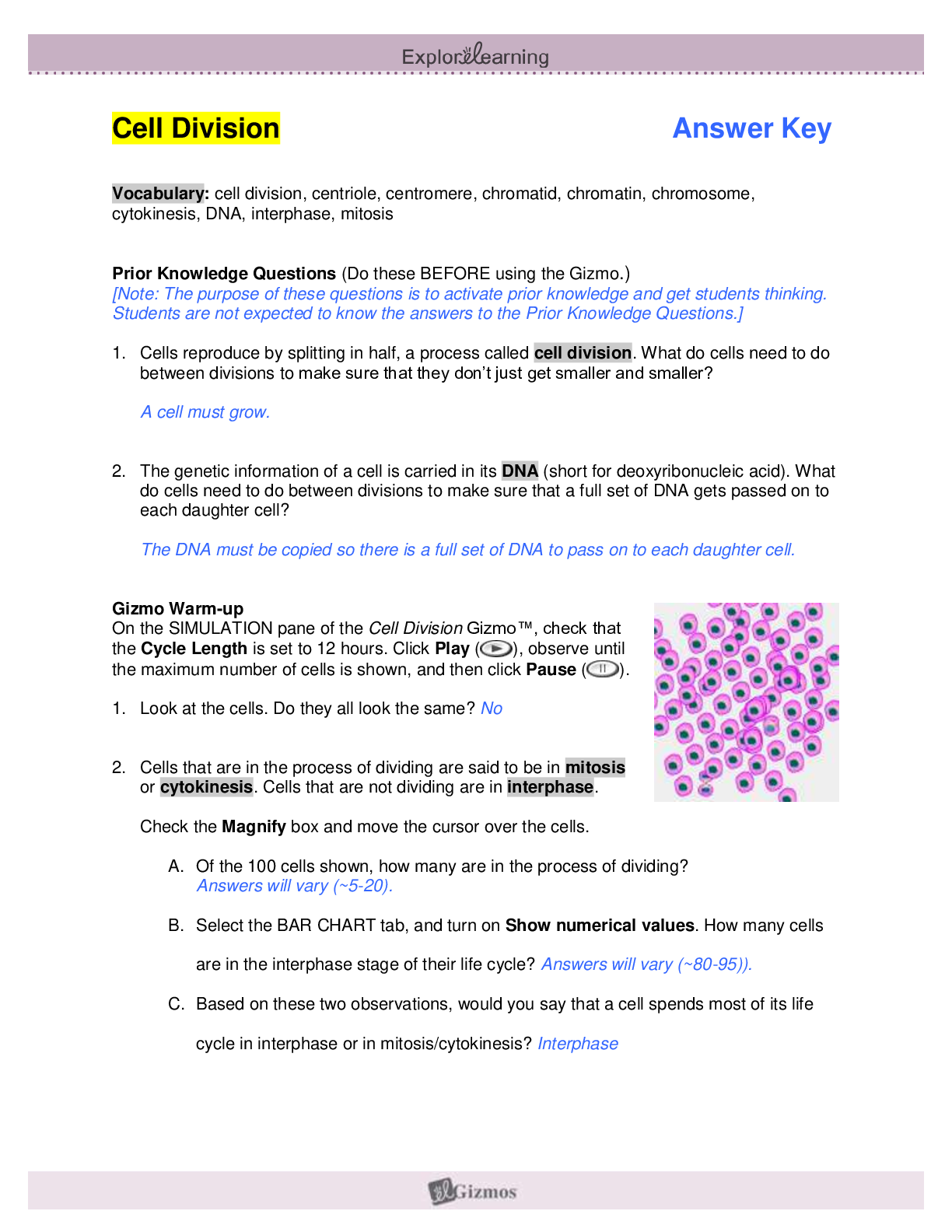 Explore Learning: Cell Division. GIZMO - Scholarfriends