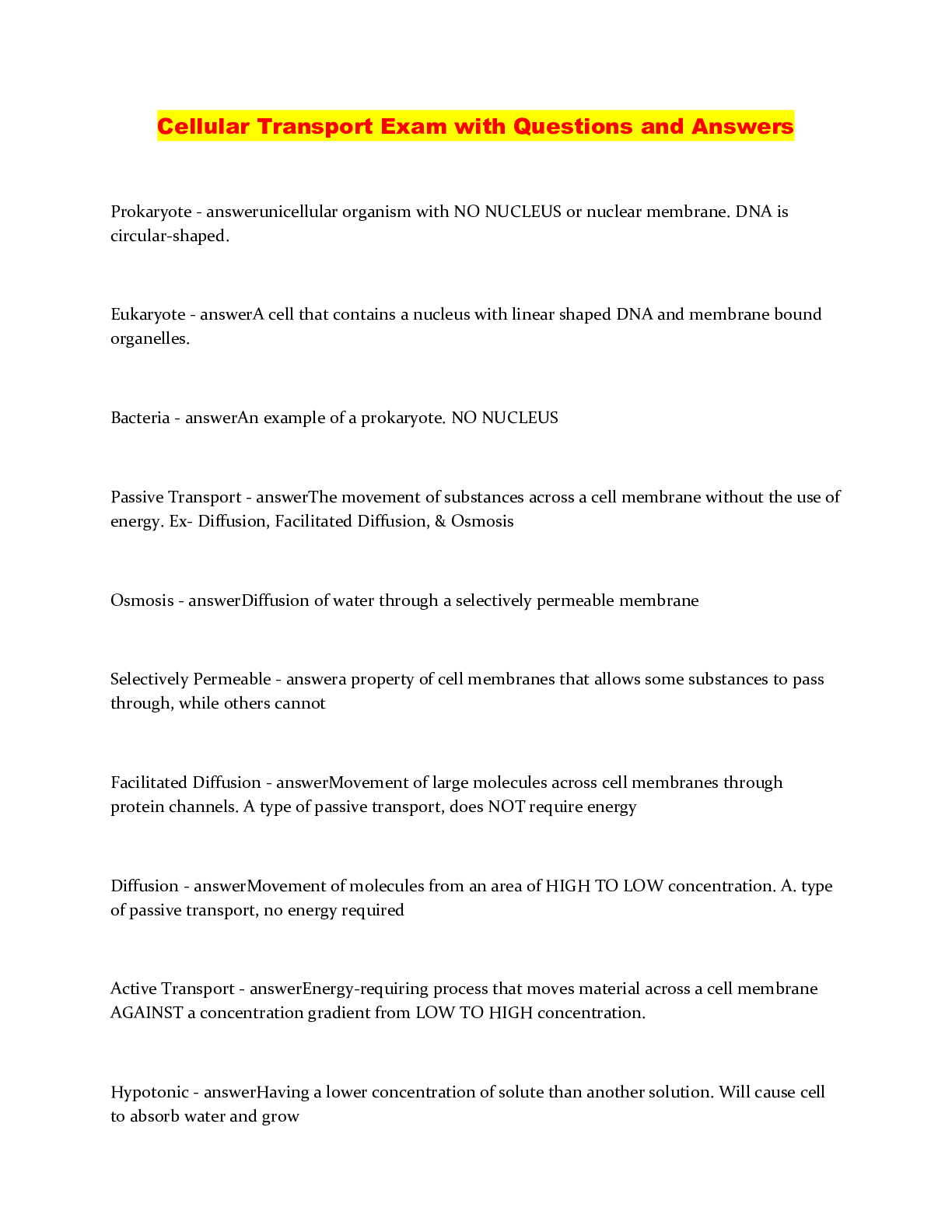Cellular Transport Exam with Questions and Answers - Scholarfriends