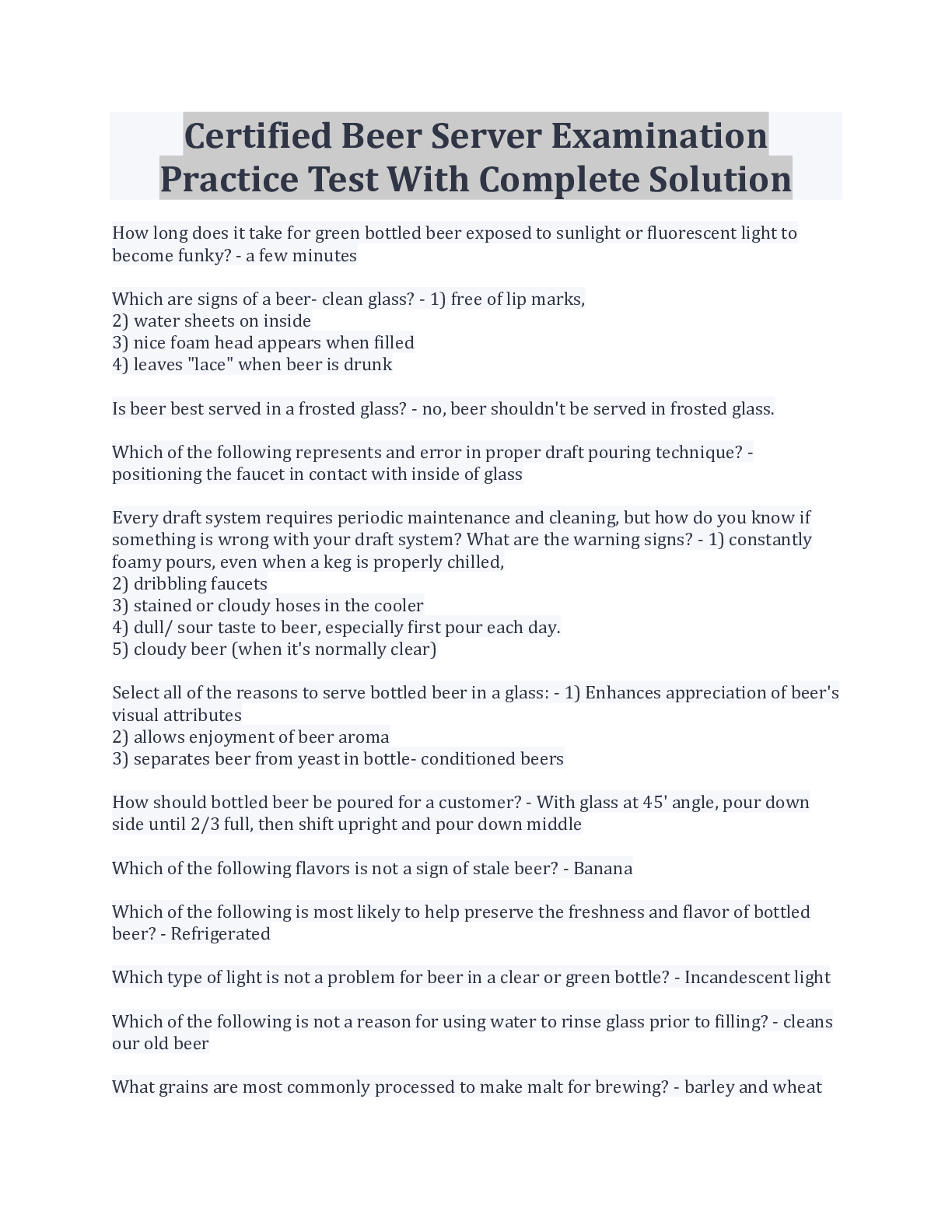 Certified Beer Server Examination Practice Test With Complete Solution ...