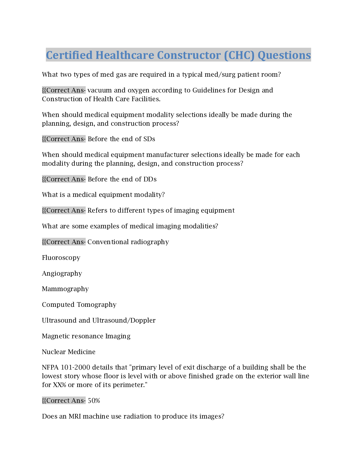 Certified Healthcare Constructor (CHC) Questions with all correct ...