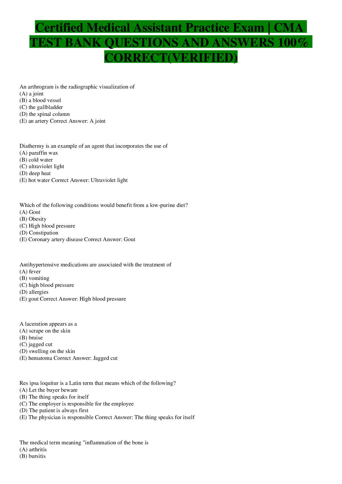 Certified Medical Assistant Practice Exam | CMA TEST BANK QUESTIONS AND ...