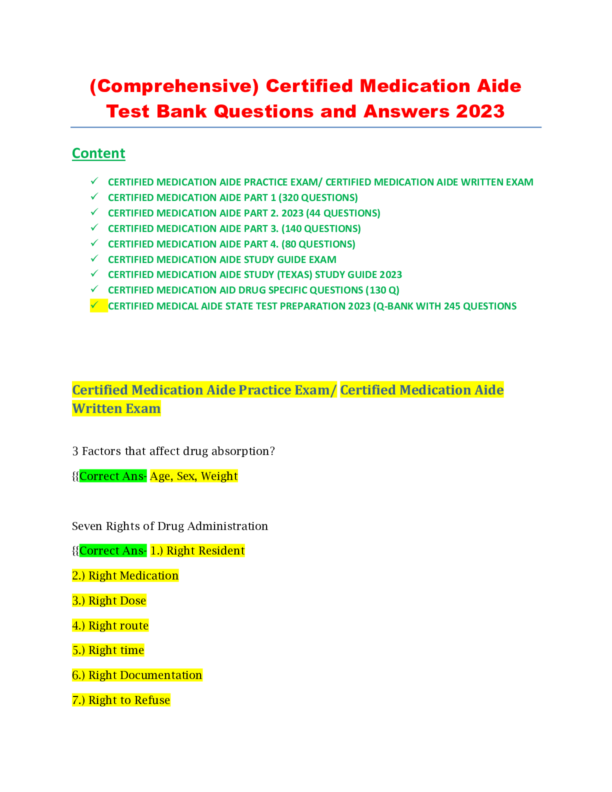 (Comprehensive) Certified Medication Aide Test Bank Questions and ...