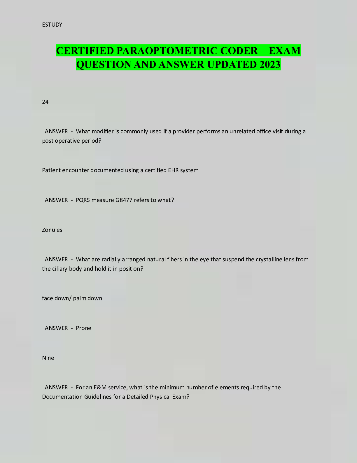 CERTIFIED PARAOPTOMETRIC CODER EXAM QUESTION AND ANSWER UPDATED 2023 ...