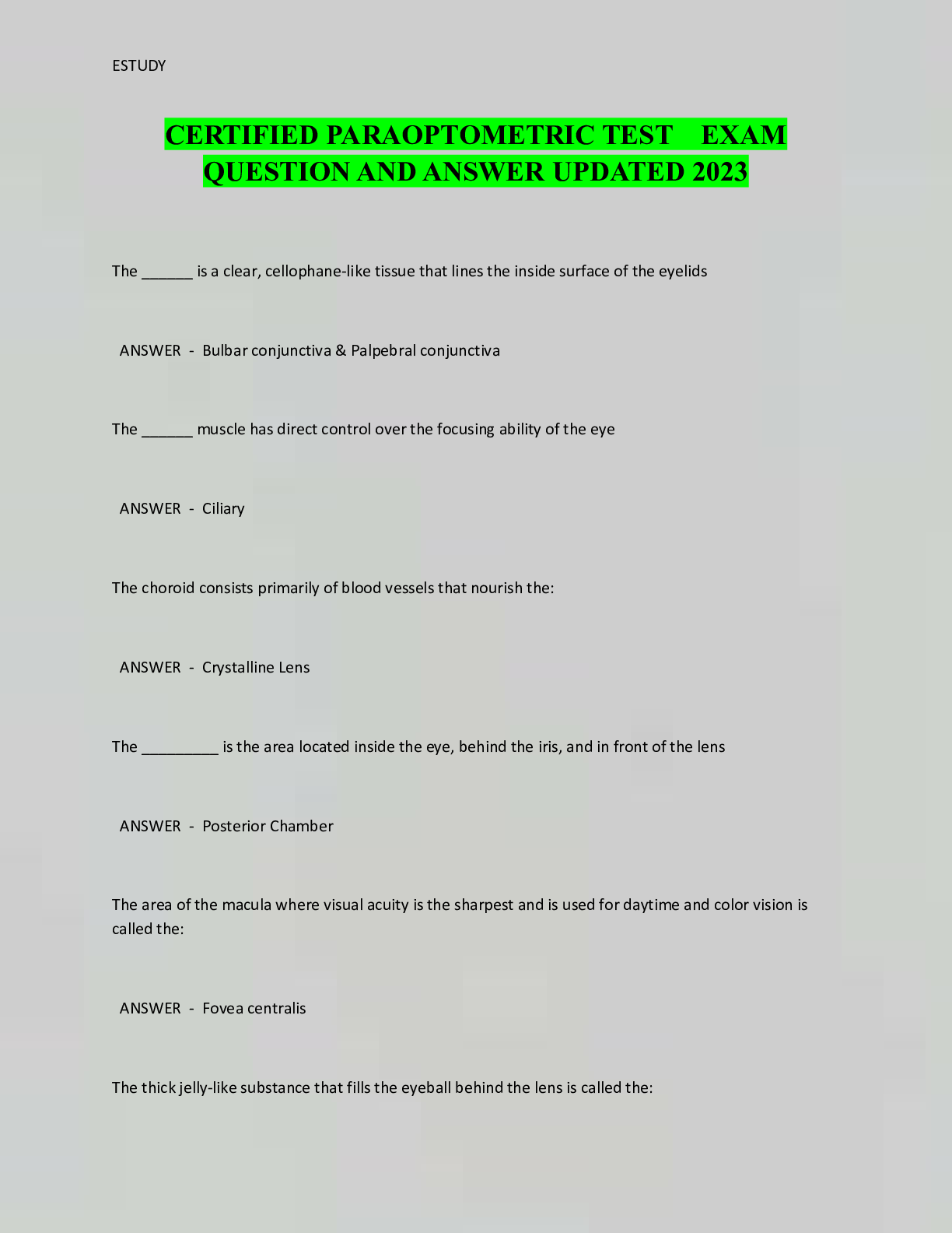 Certified Paraoptometric Test Questions And Answers - Scholarfriends