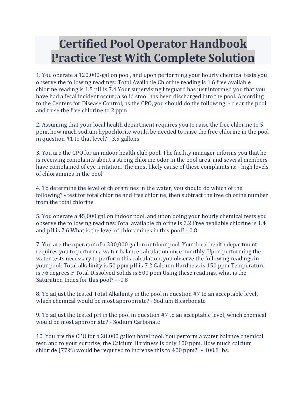 Certified Pool Operator Handbook Practice Test With Complete Solution ...