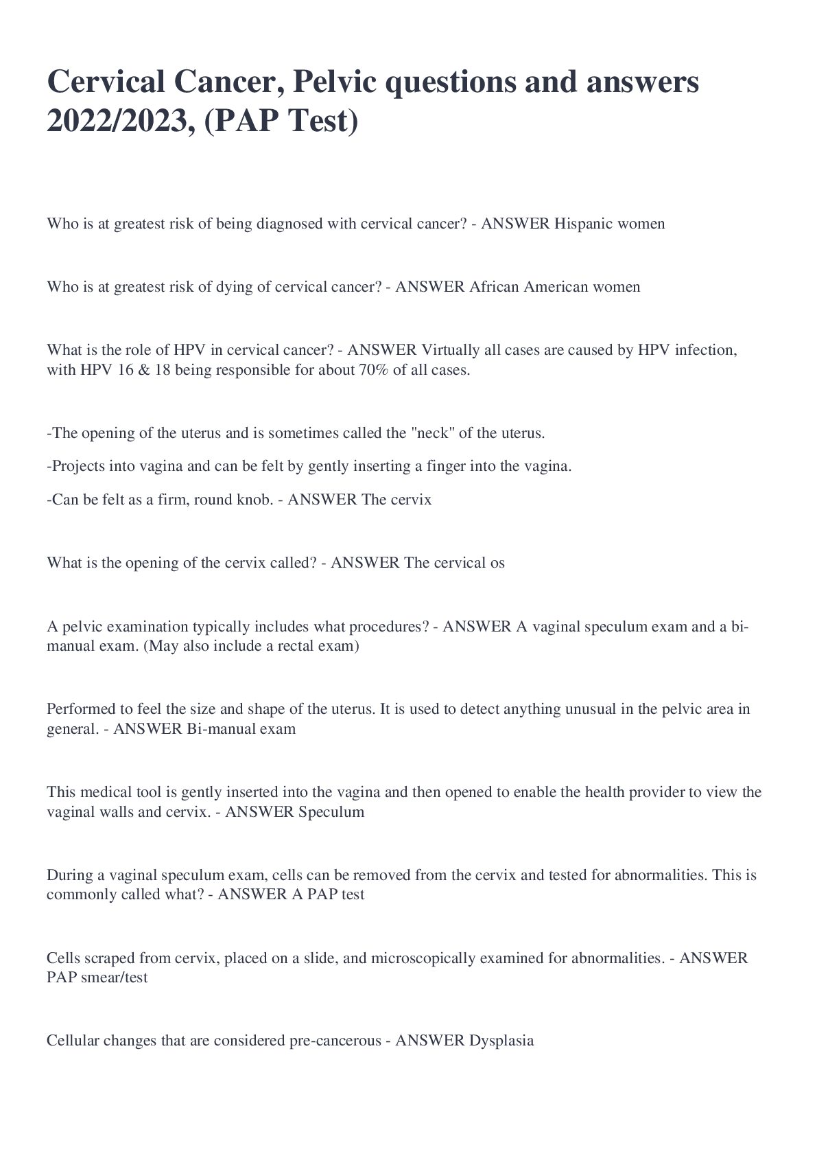 Cervical Cancer, Pelvic questions and answers 2022/2023, (PAP Test ...