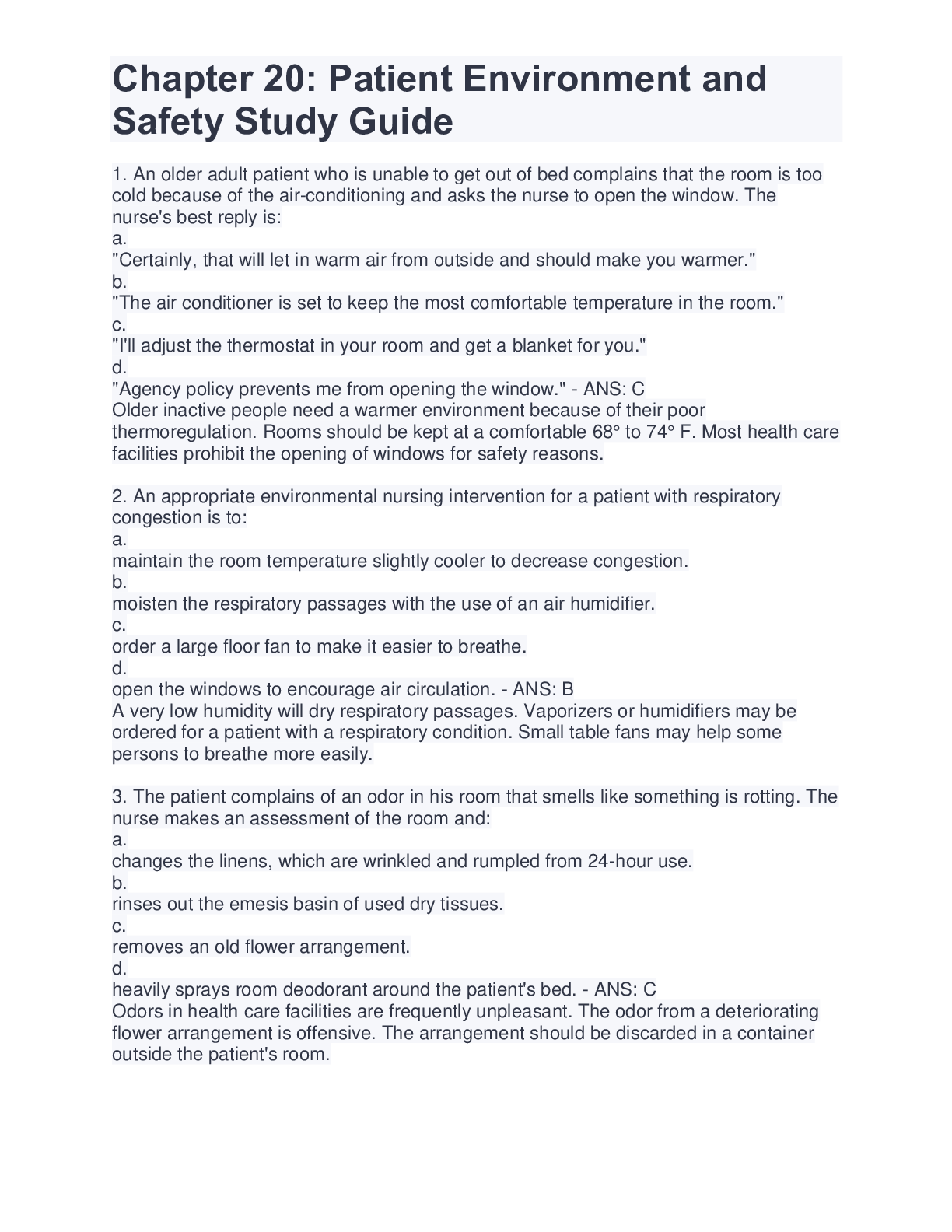 Chapter 20: Patient Environment and Safety Study Guide - Scholarfriends