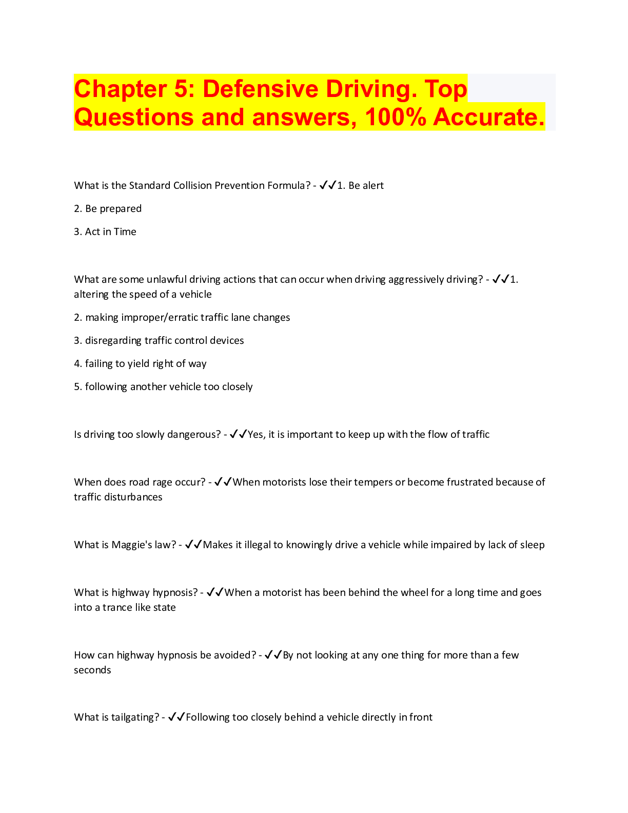 Chapter 5: Defensive Driving. Top Questions and answers, 100% Accurate ...