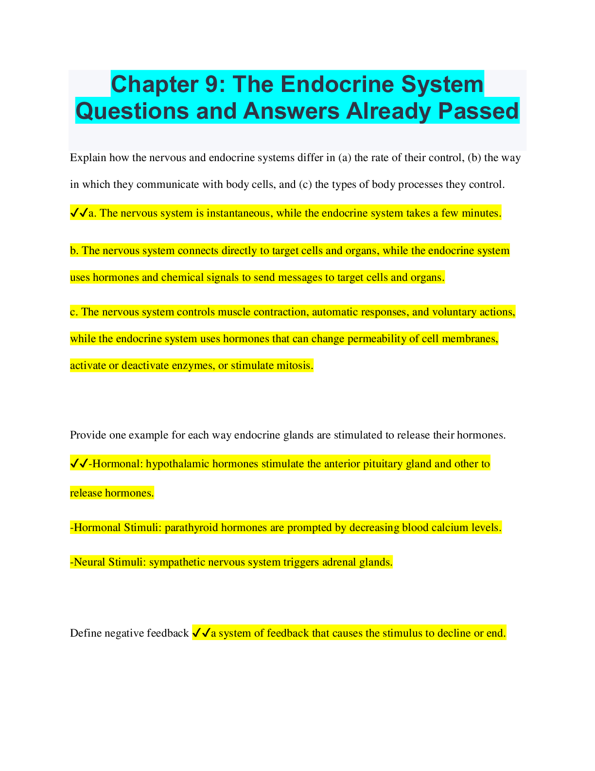 Chapter 9: The Endocrine System Questions and Answers Already Passed ...