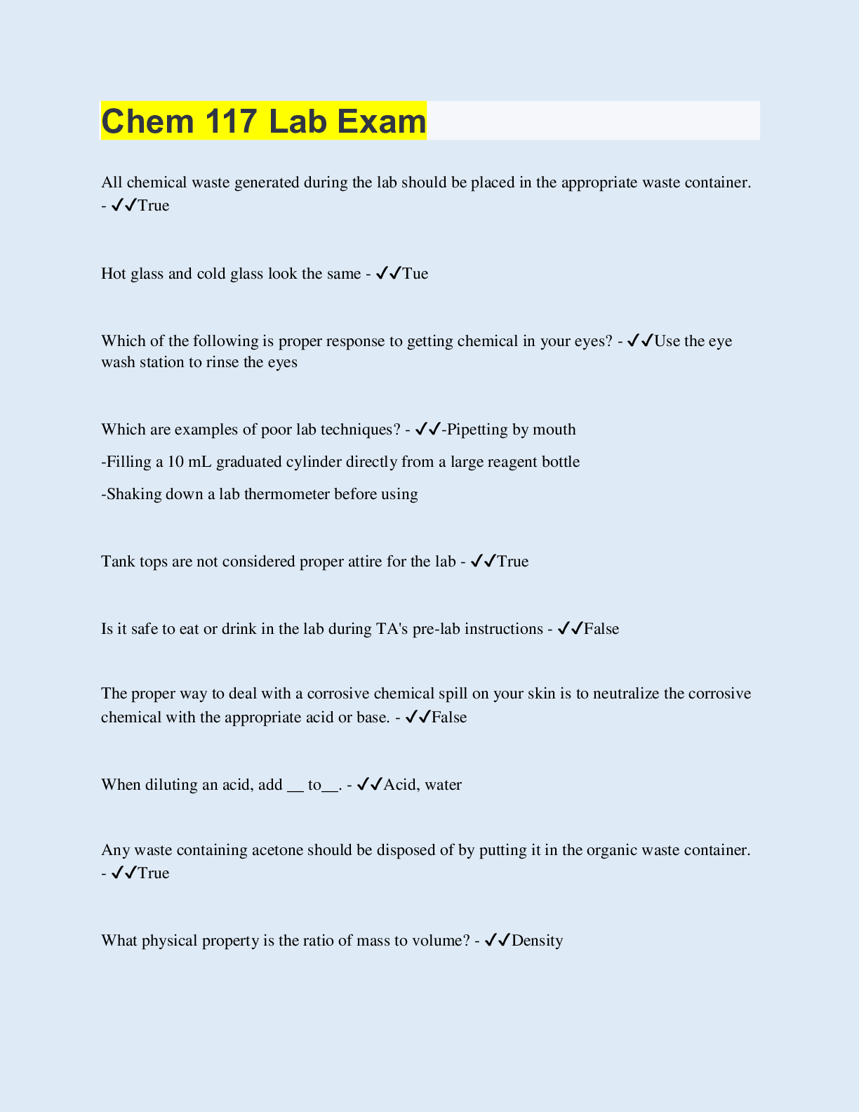 Chem 117 Lab Exam | 105 Questions with 100% Correct Answers | Updated ...