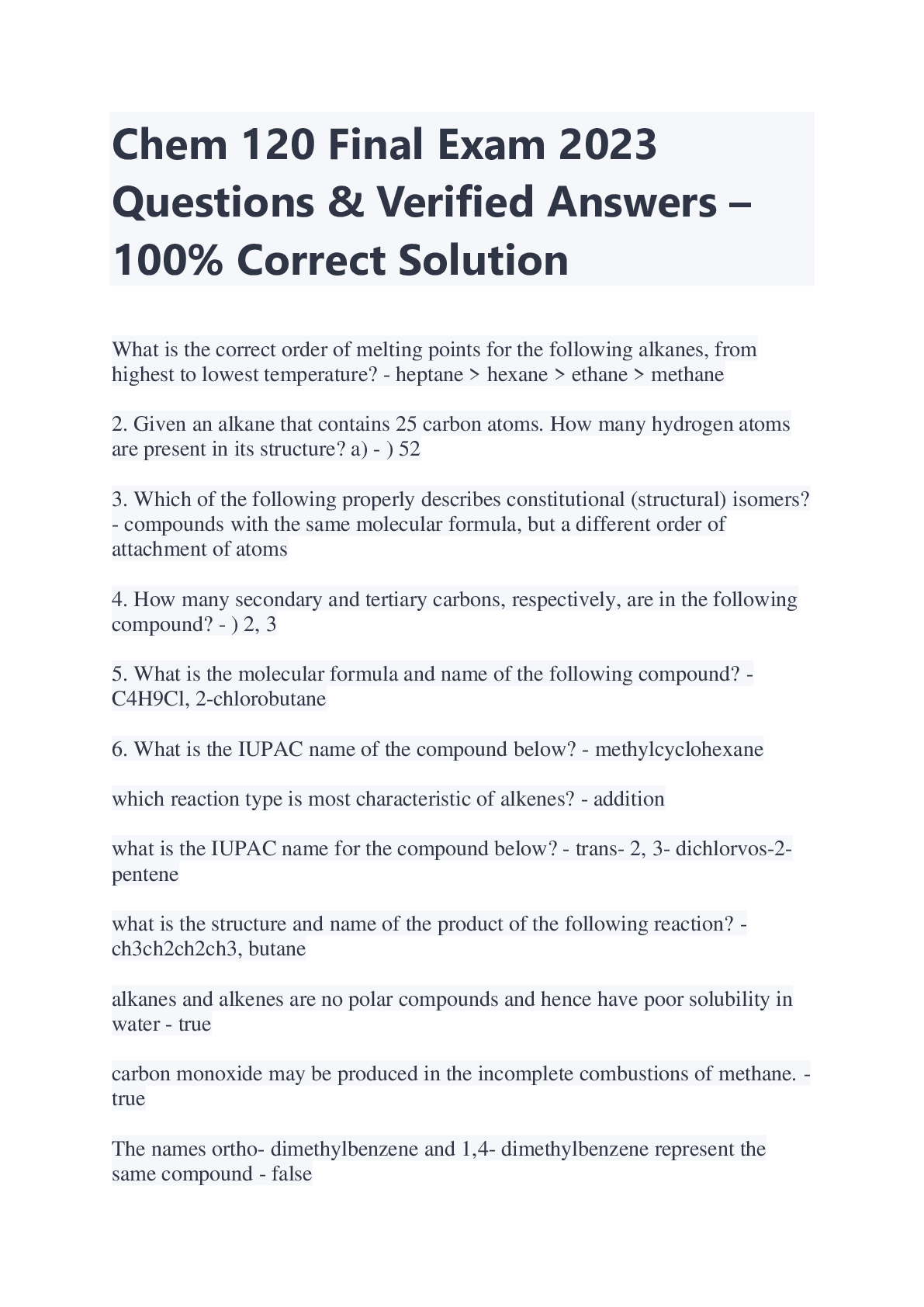 Chem 120 Final Exam 2023 Questions & Verified Answers – 100% Correct ...