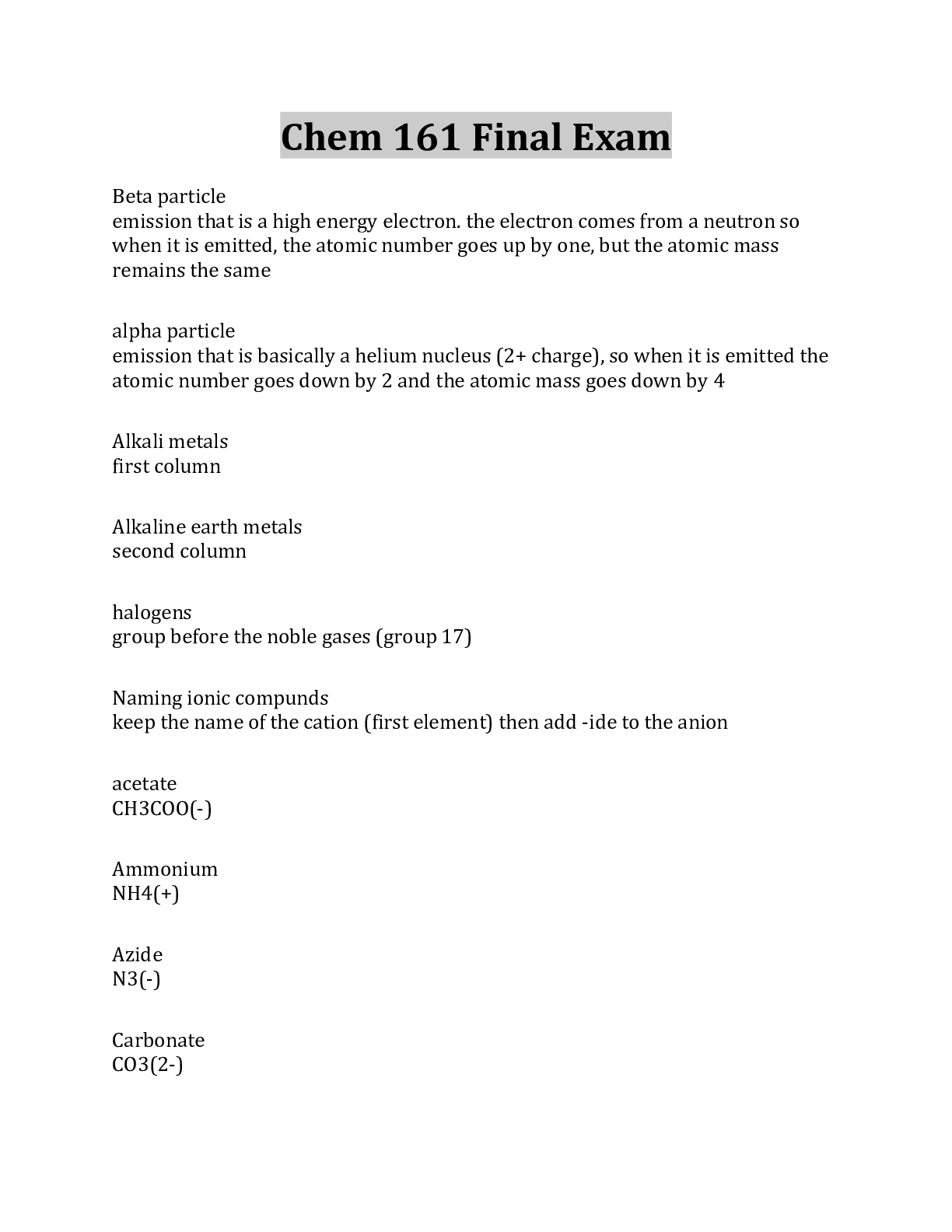 Chem 161 Final Exam Questions And Answers 100% Correct – Scholarfriends ...