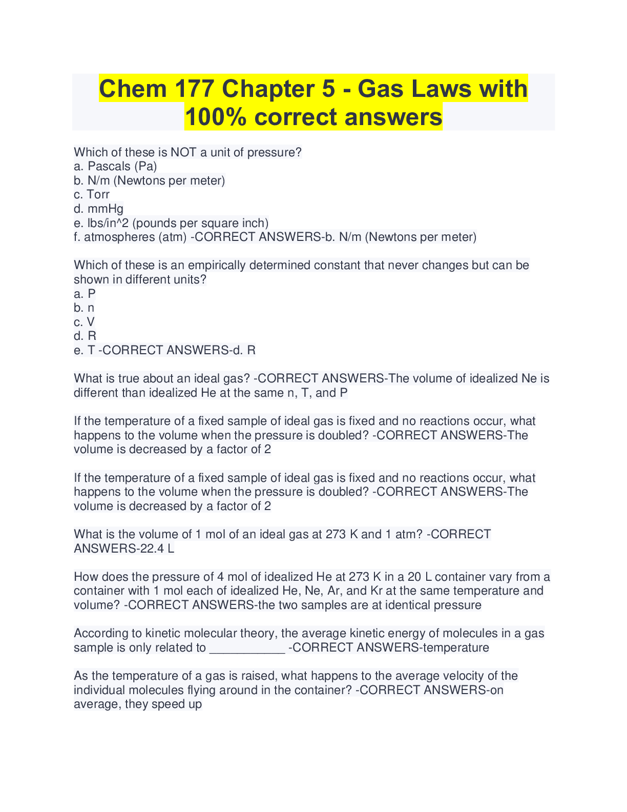 Chem 177 Chapter 5 - Gas Laws with 100% correct answers - Scholarfriends