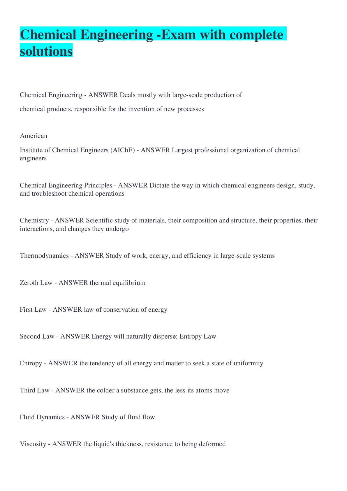 Chemical Engineering -Exam with complete solutions | ScholarFriends