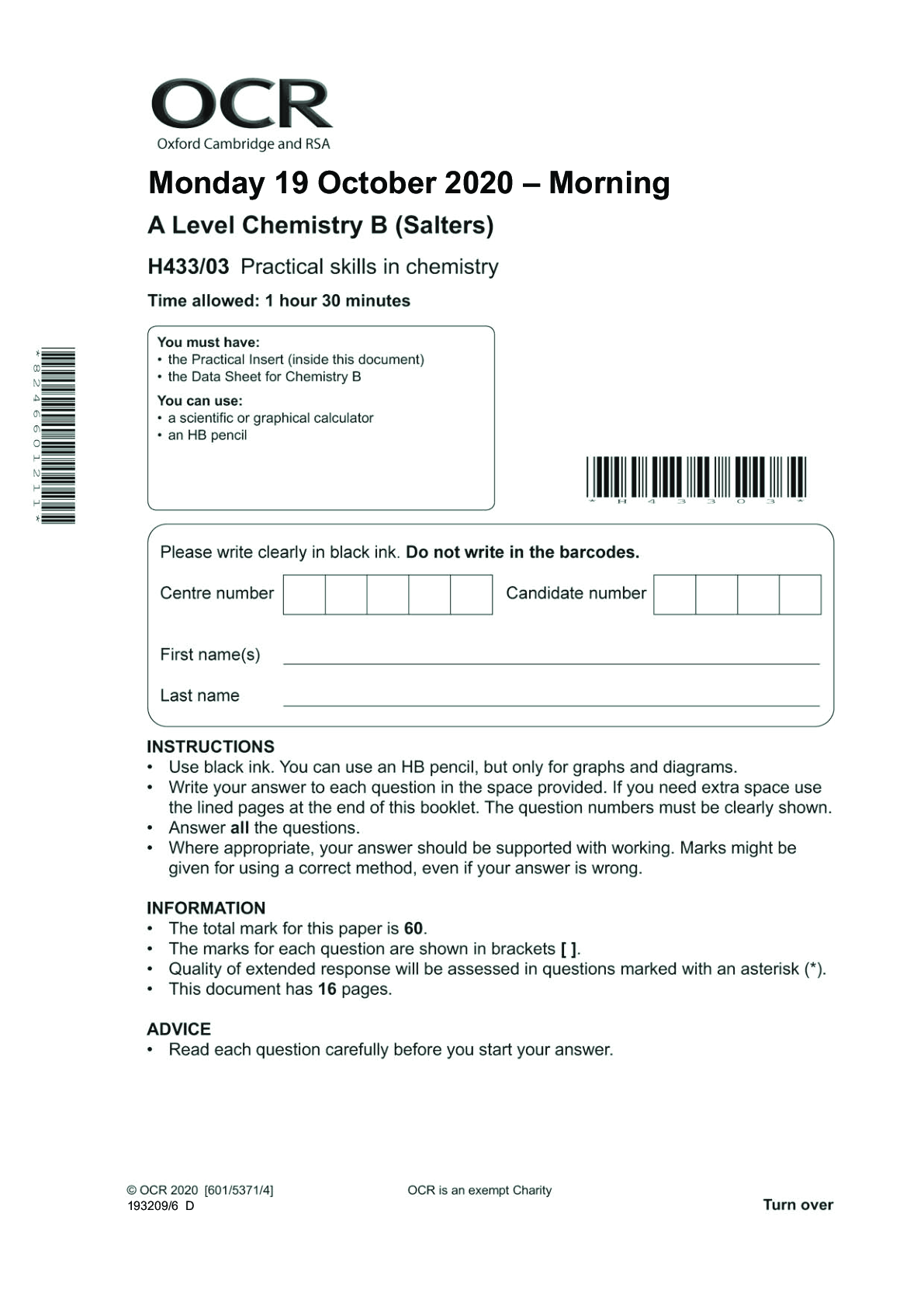 A Level Chemistry B_H433/03 Question Paper Nov 2020 | Practical Skills ...