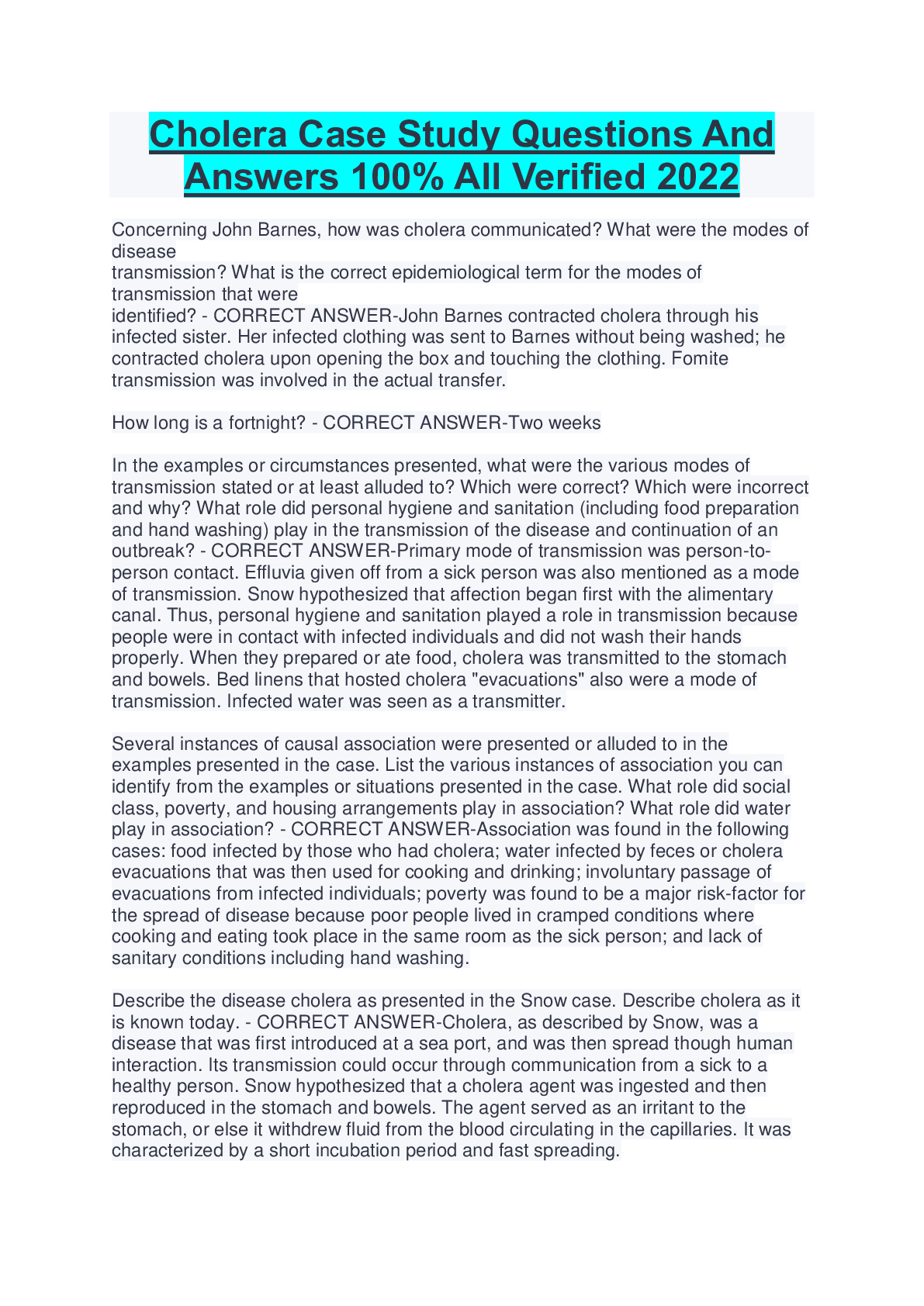 Cholera Case Study Questions And Answers 100% All Verified 2022 ...