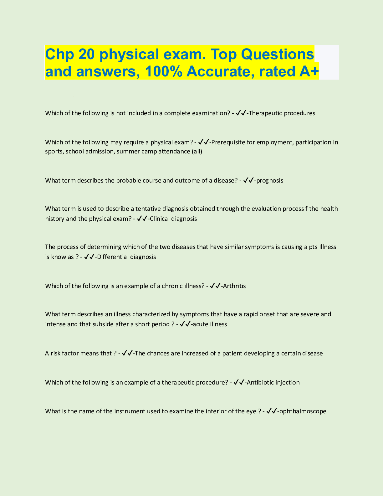 Chp 20 physical exam. Top Questions and answers, 100% Accurate, rated ...