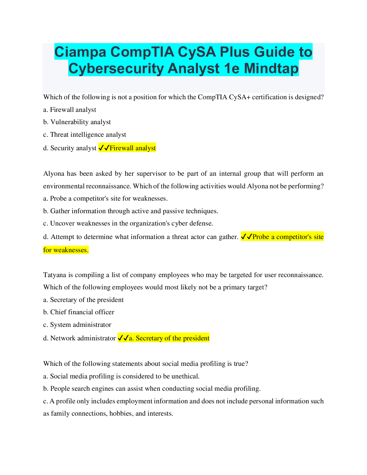 Ciampa CompTIA CySA Plus Guide to Cybersecurity Analyst 1e Mindtap ...
