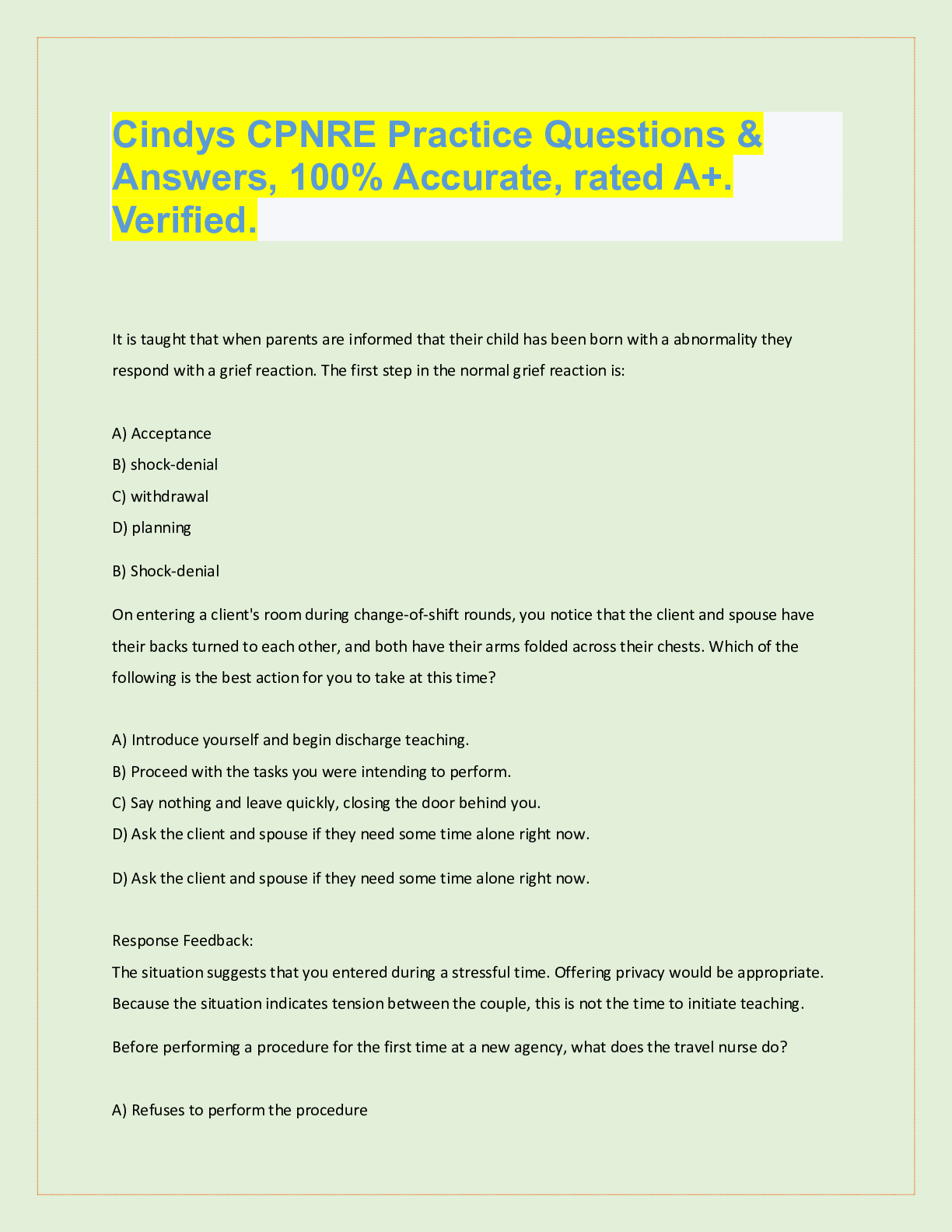 Cindys CPNRE Practice Questions & Answers, 100% Accurate, rated A+ ...