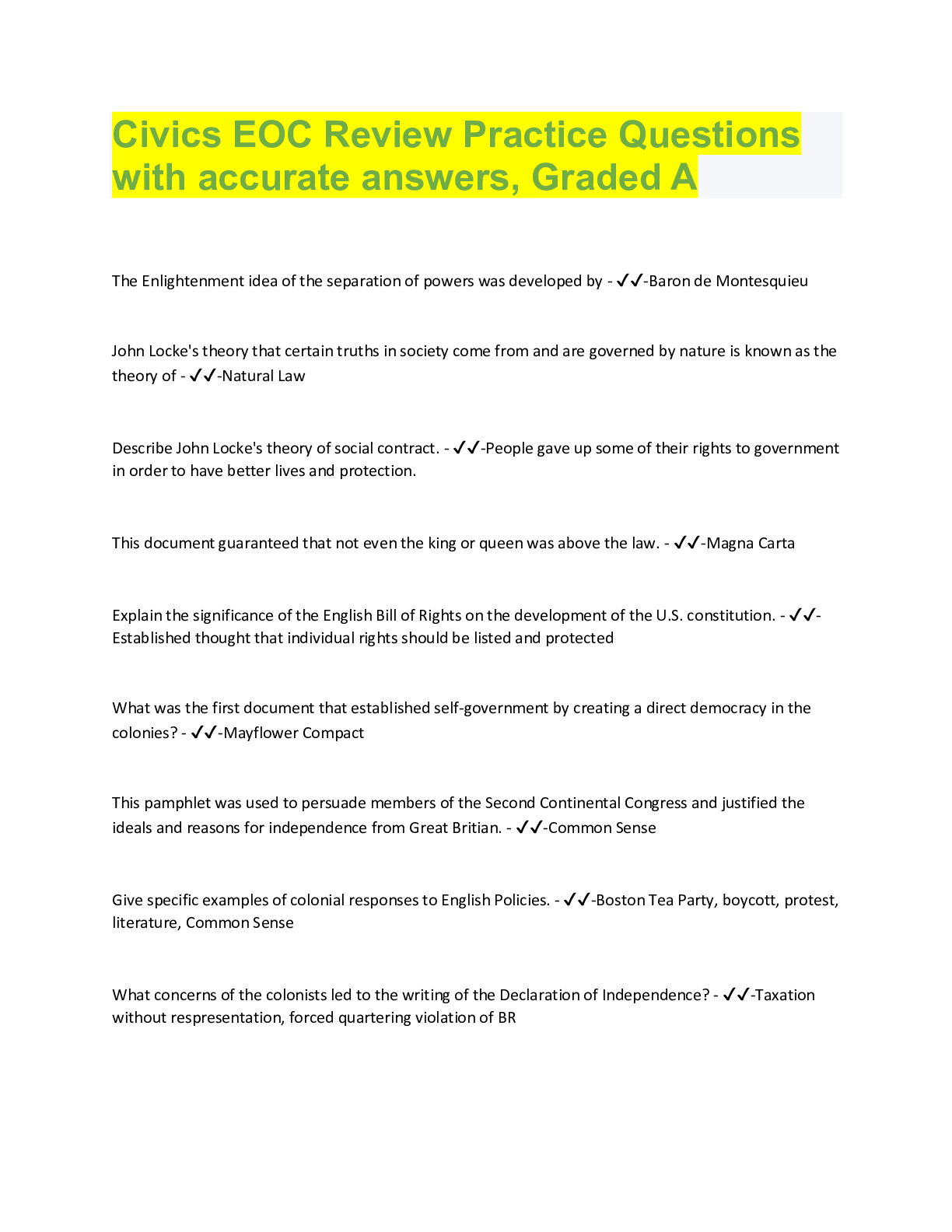 Civics EOC Review Practice Questions with accurate answers, Graded A ...