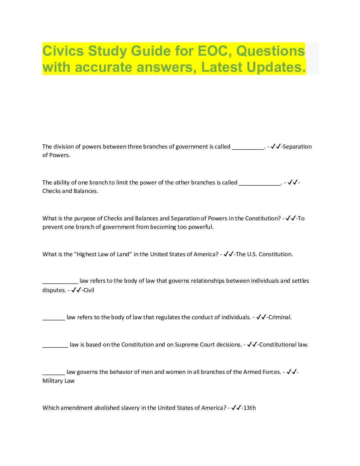 Civics Study Guide for EOC, Questions with accurate answers, Latest ...