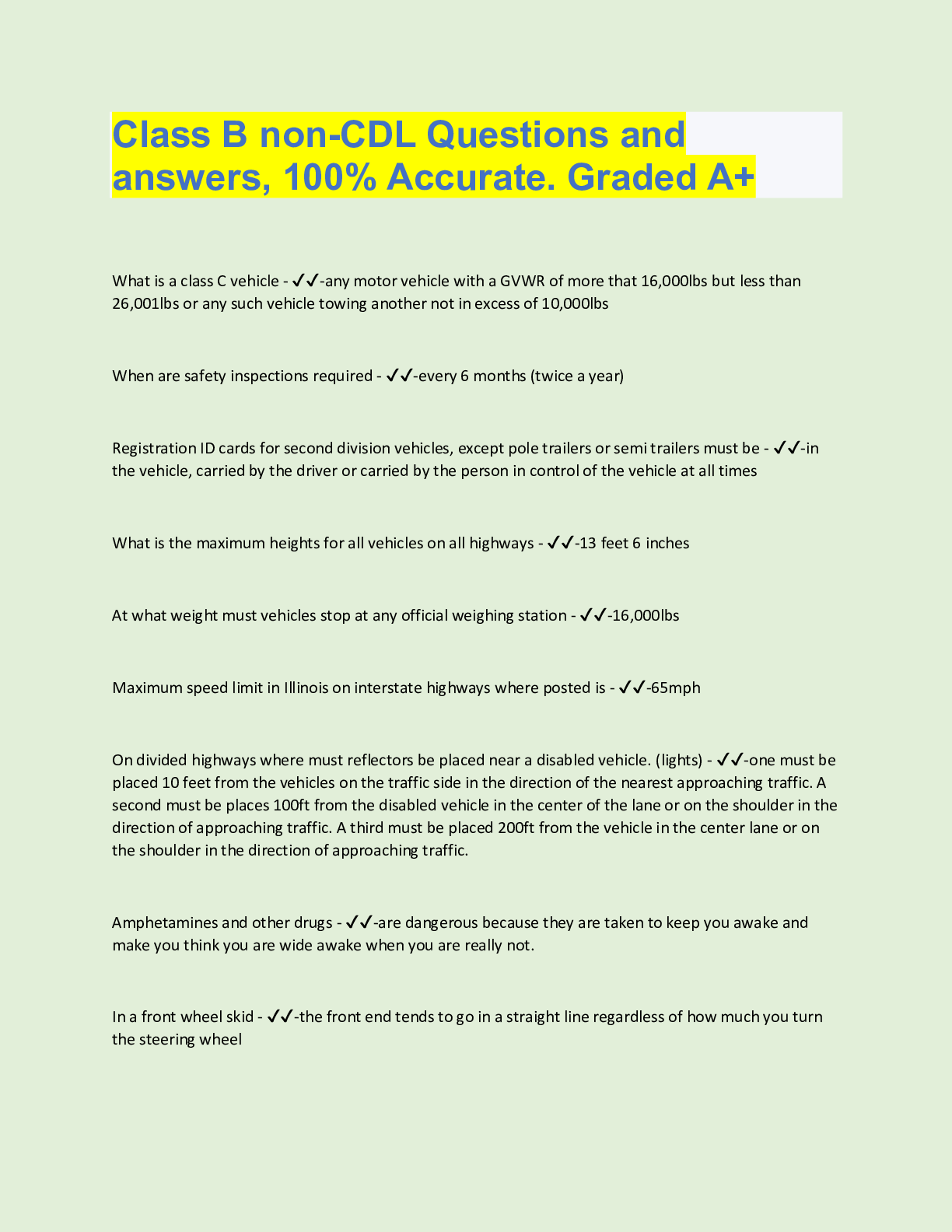 Class B non-CDL Questions and answers, 100% Accurate. Graded A+ What is ...