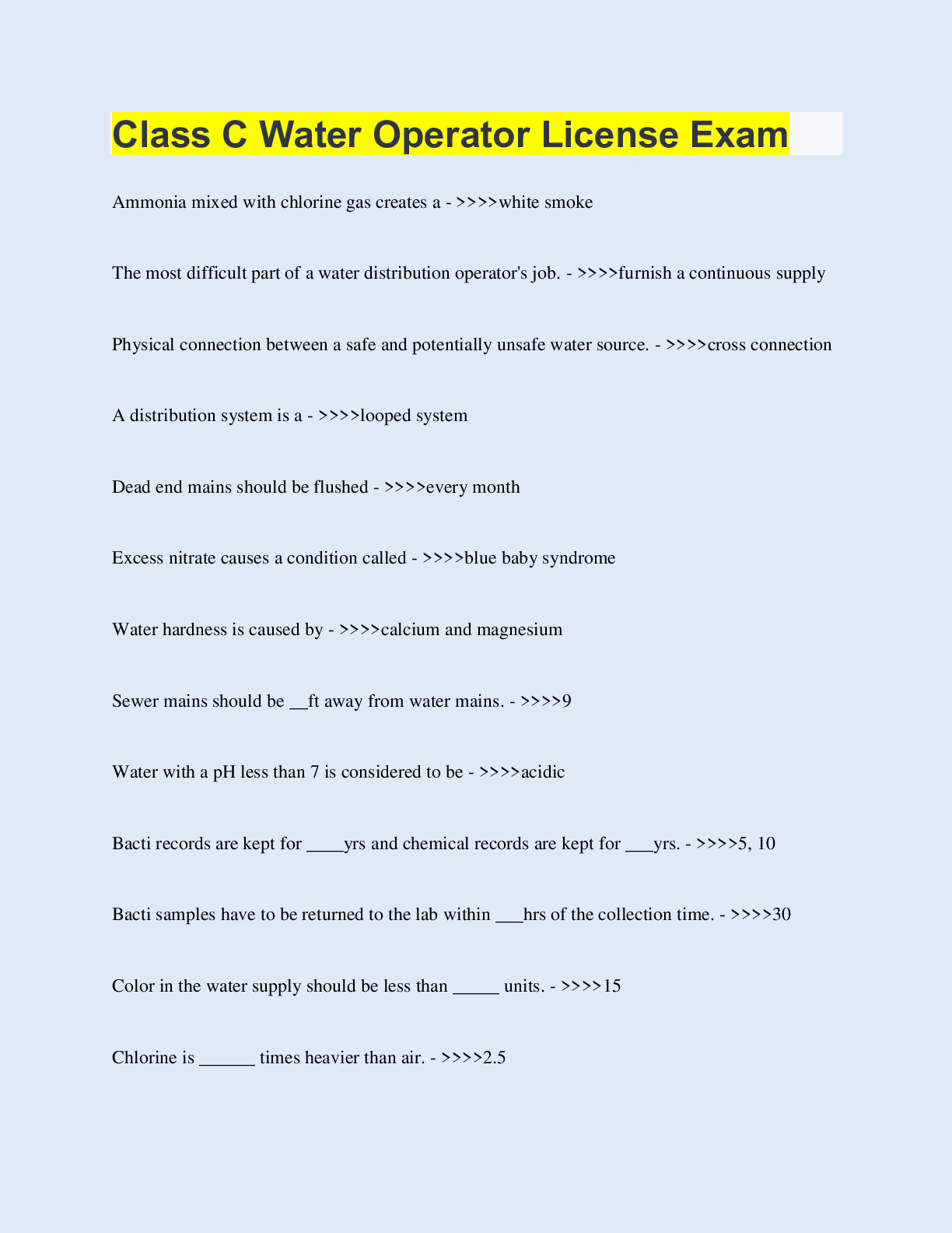 Class C Water Operator License Exam | 110 Questions with 100% Correct ...