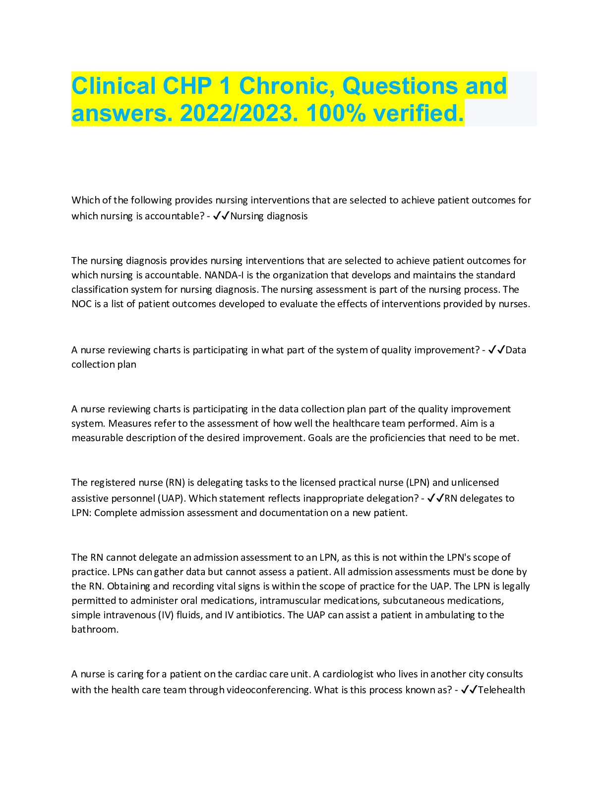 Clinical CHP 1 Chronic, Questions and answers. 2022/2023. 100% verified ...