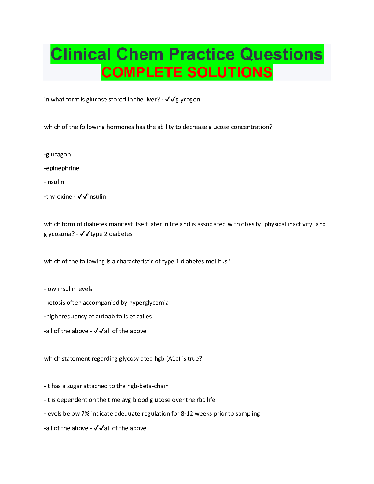 Clinical Chem Practice Questions COMPLETE SOLUTIONS - Scholarfriends