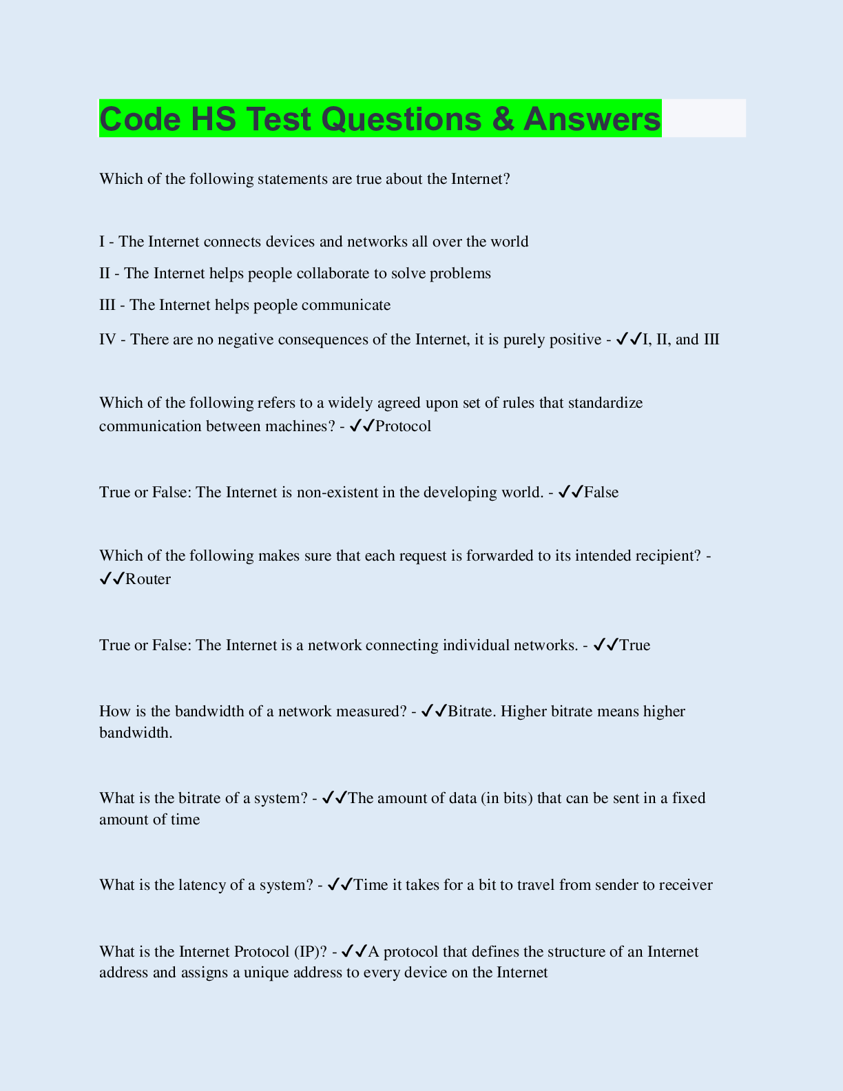 Code HS Test Questions & Answers | with 100% Correct Answers | Updated ...