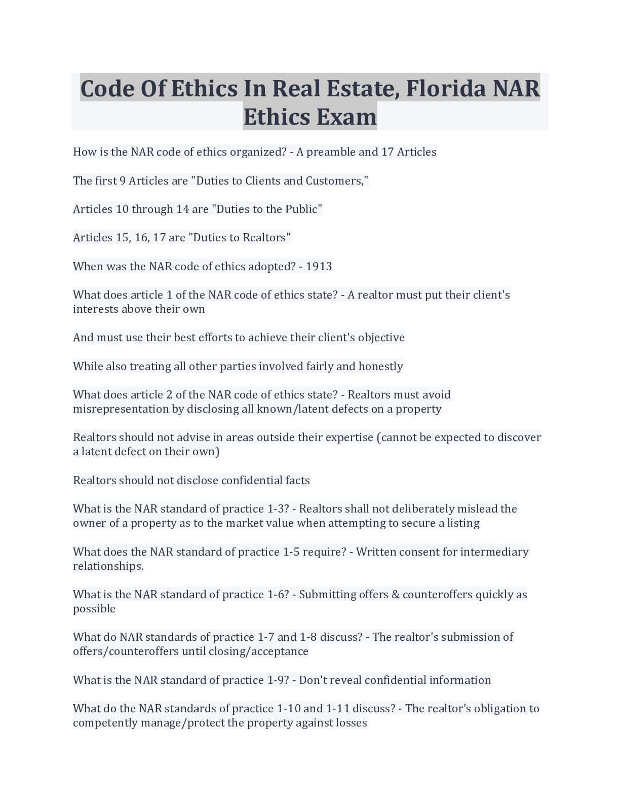 Code Of Ethics In Real Estate, Florida NAR Ethics Exam Questions And ...
