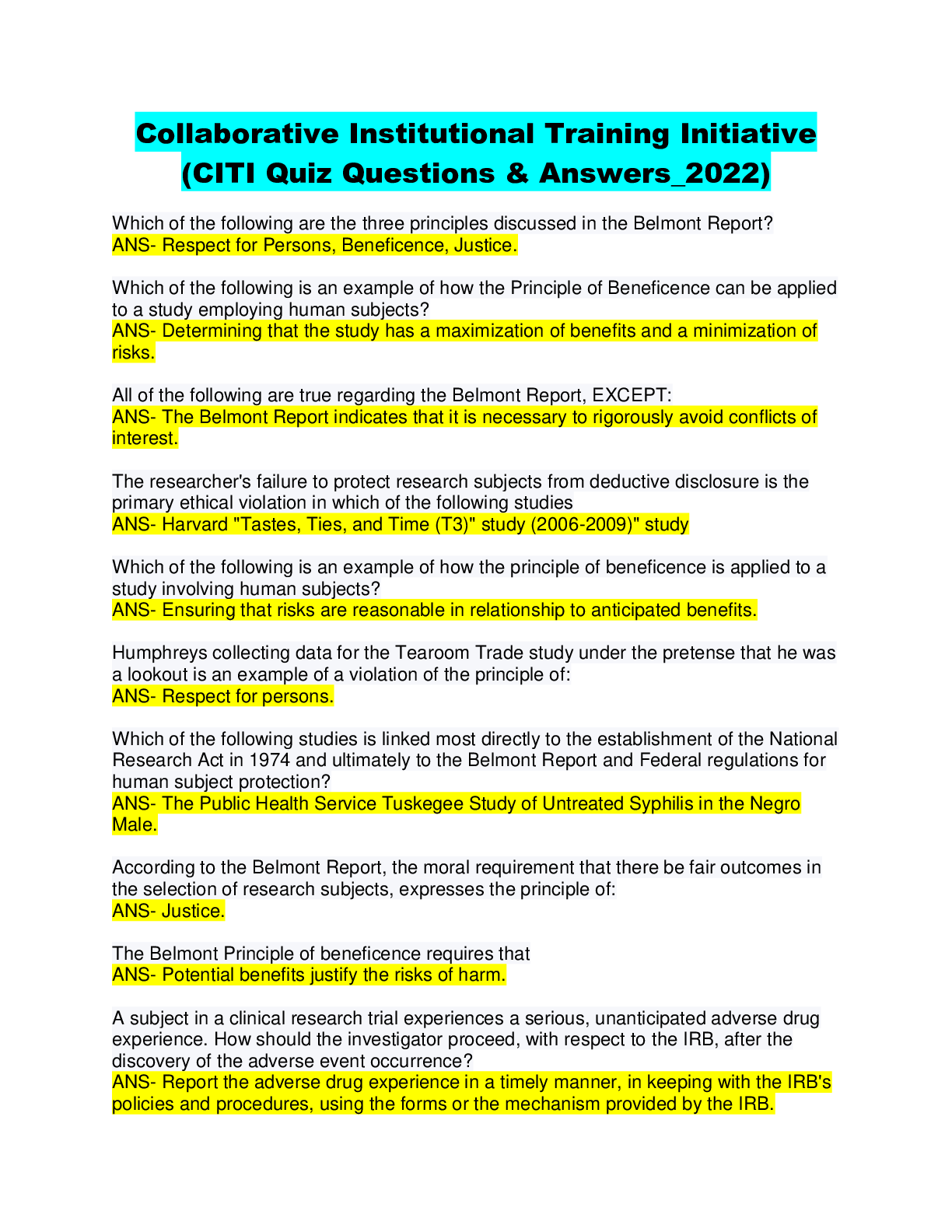 Collaborative Institutional Training Initiative (CITI Program) CITI ...