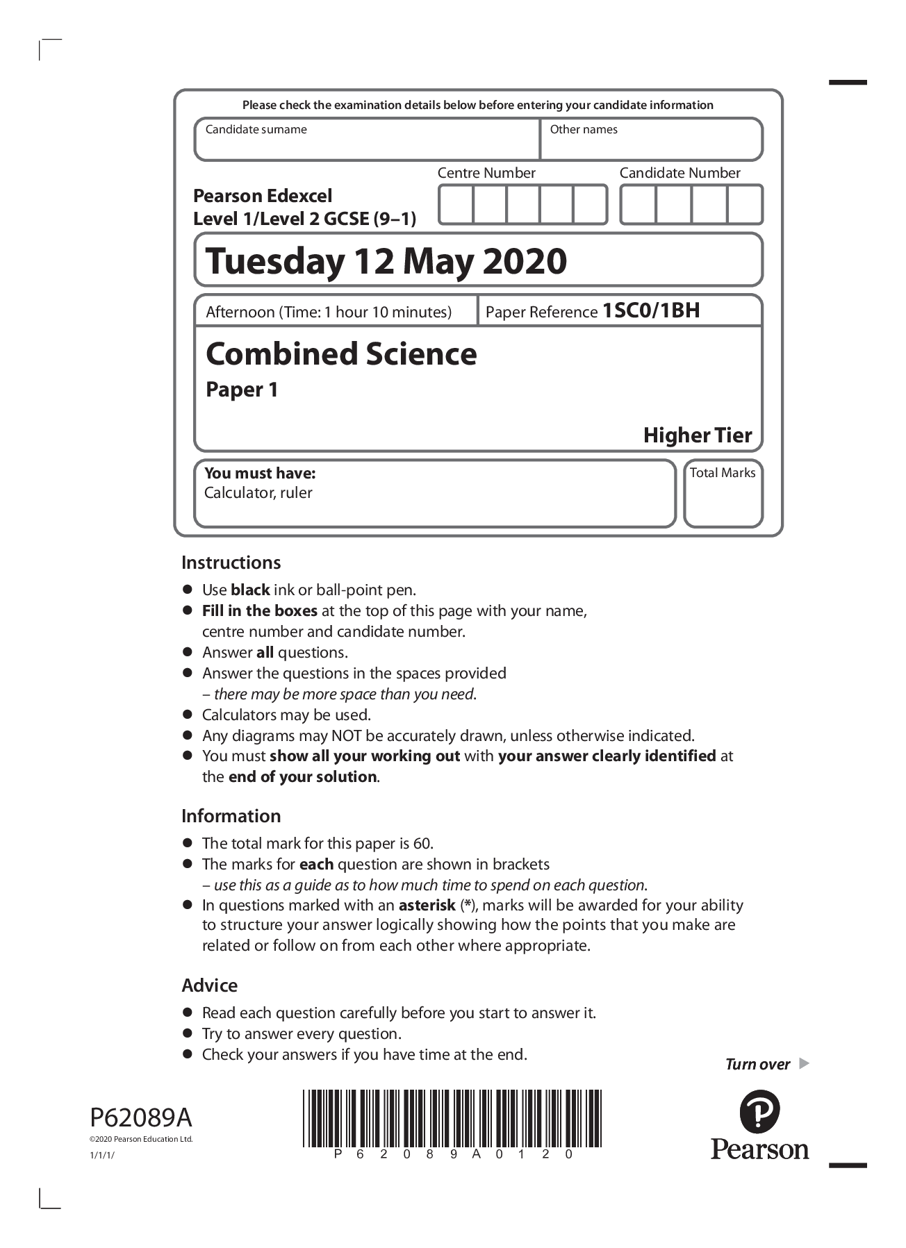 Pearson Edexcel_GCSE (9–1) Combined Science_1SC0 BUNDLE - COMPLETE EXAM ...
