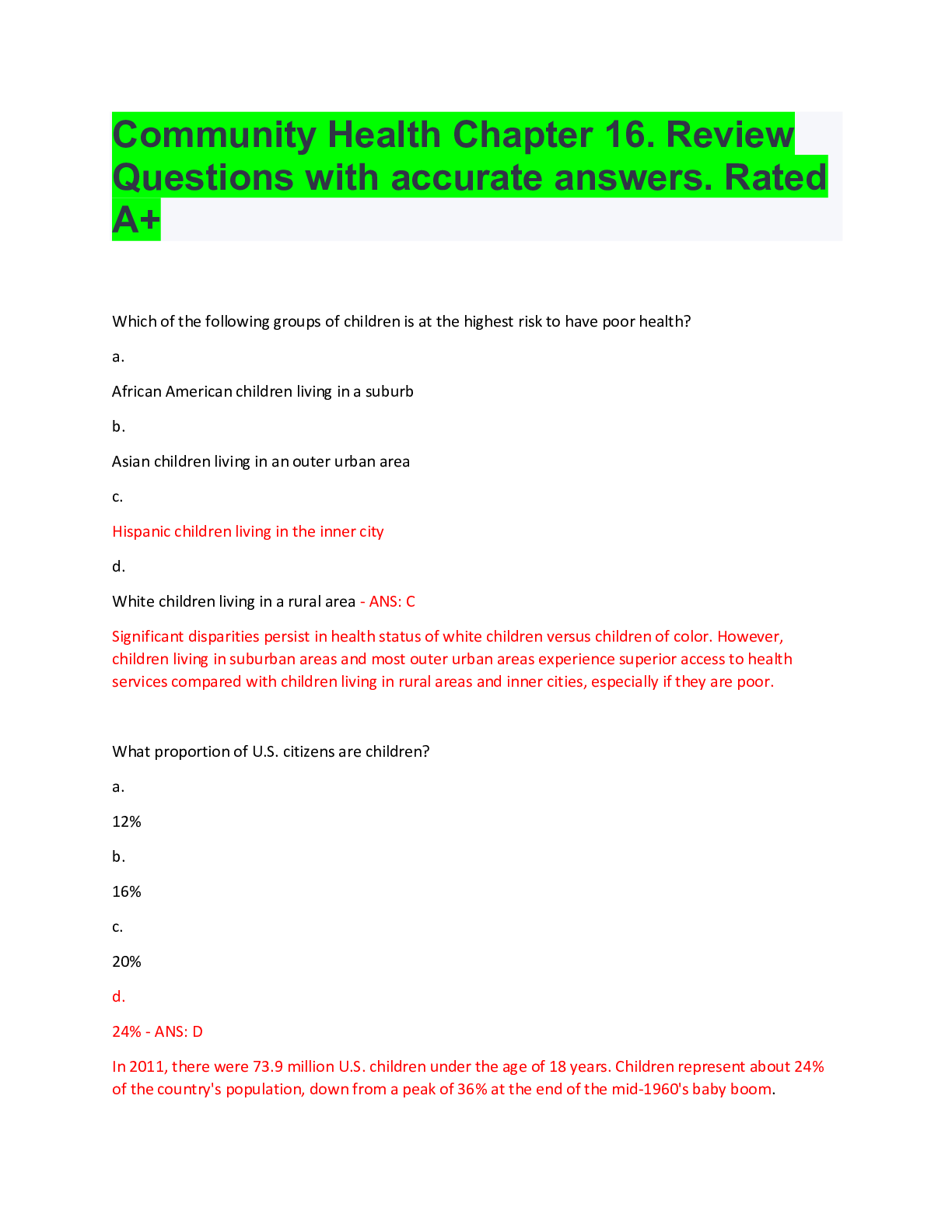 Community Health Chapter 16. Review Questions with accurate answers ...