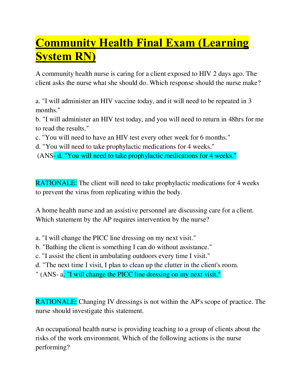 Community Health Final Exam (Learning System RN) Latest Updated ...