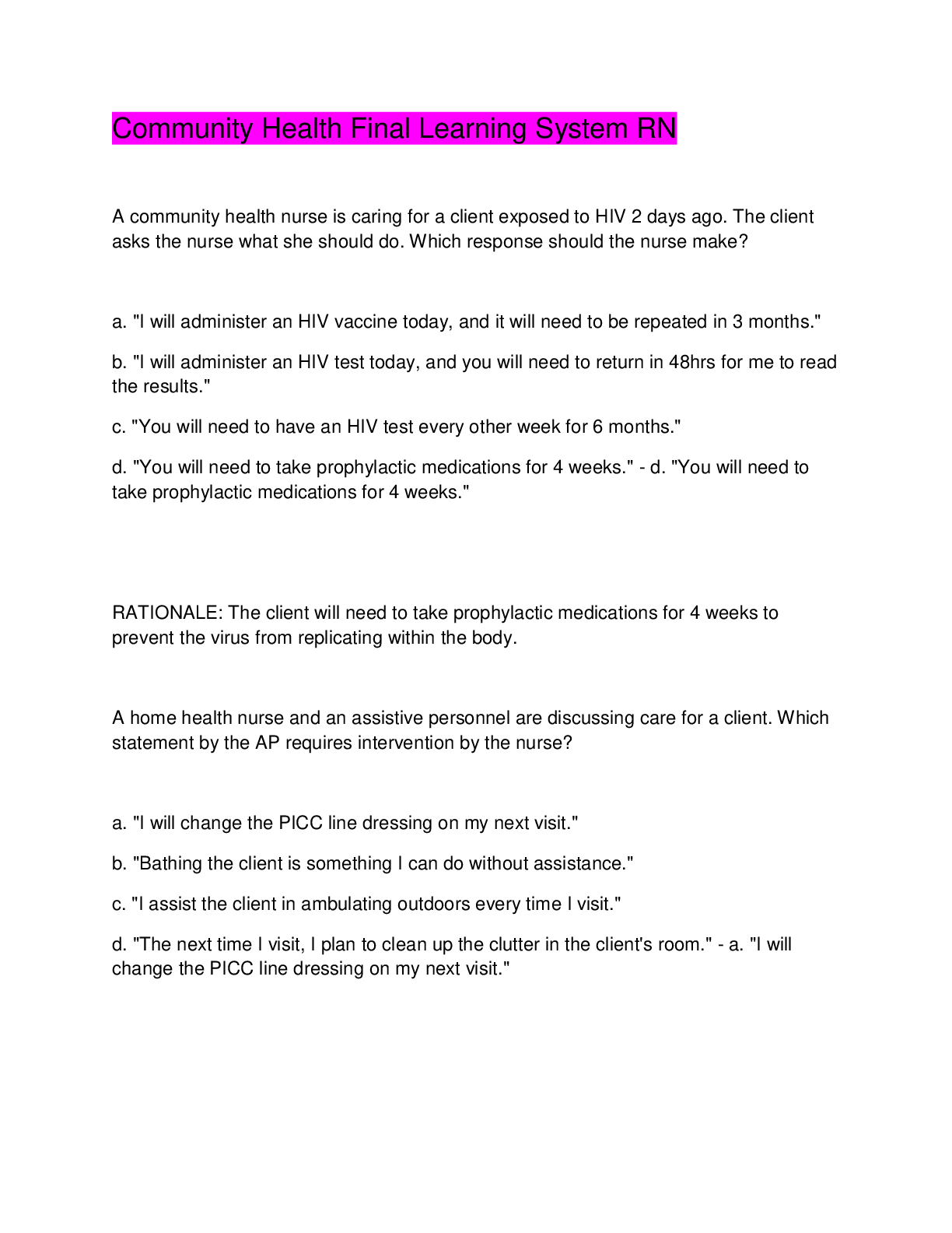 Community Health Final Learning System RN - Scholarfriends