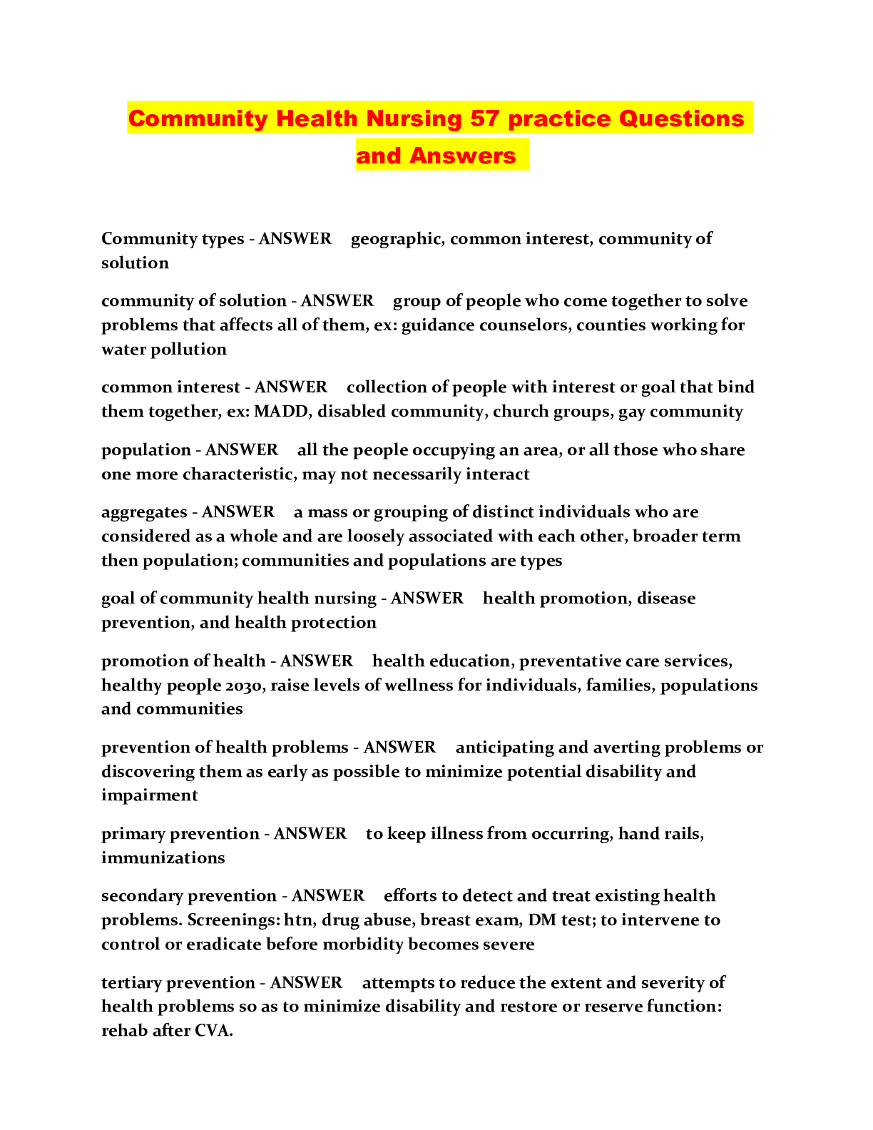 Community Health Nursing 57 practice Questions and Answers - Scholarfriends