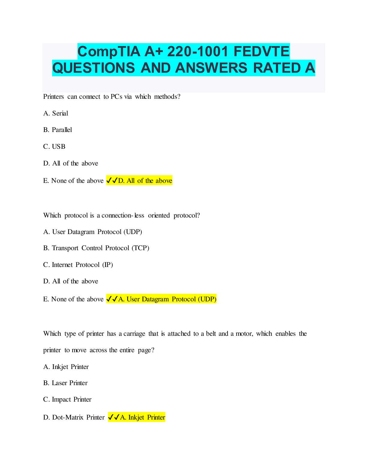 CompTIA A+ 220-1001 FEDVTE QUESTIONS AND ANSWERS RATED A - Scholarfriends