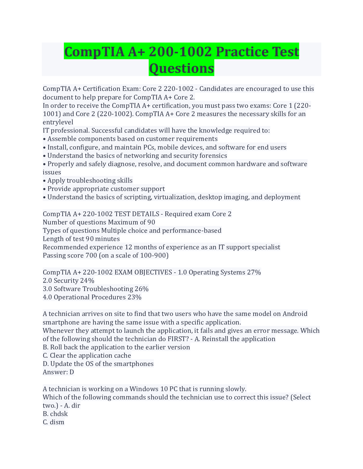 CompTIA A+ 200-1002 Practice Test Questions And Answers/ Download ...