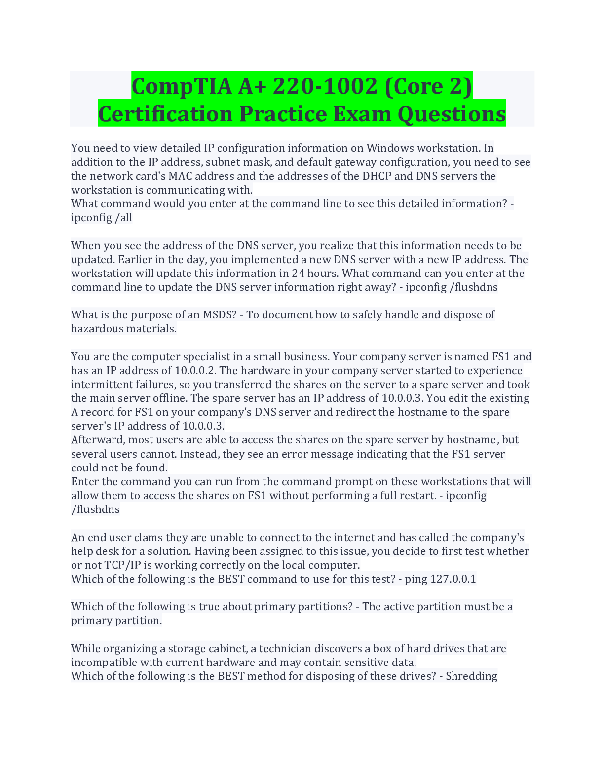 CompTIA A+ 220-1002 (Core 2) Certification Practice Exam Questions ...