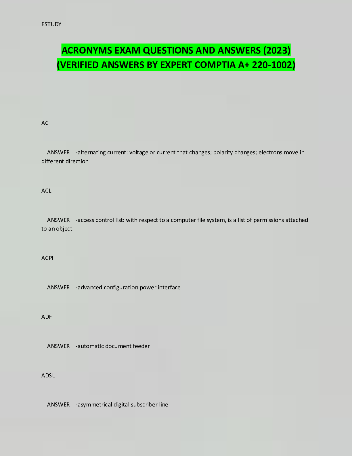 CompTIA A+ 220-1002 Acronyms With Complete Solution - Scholarfriends
