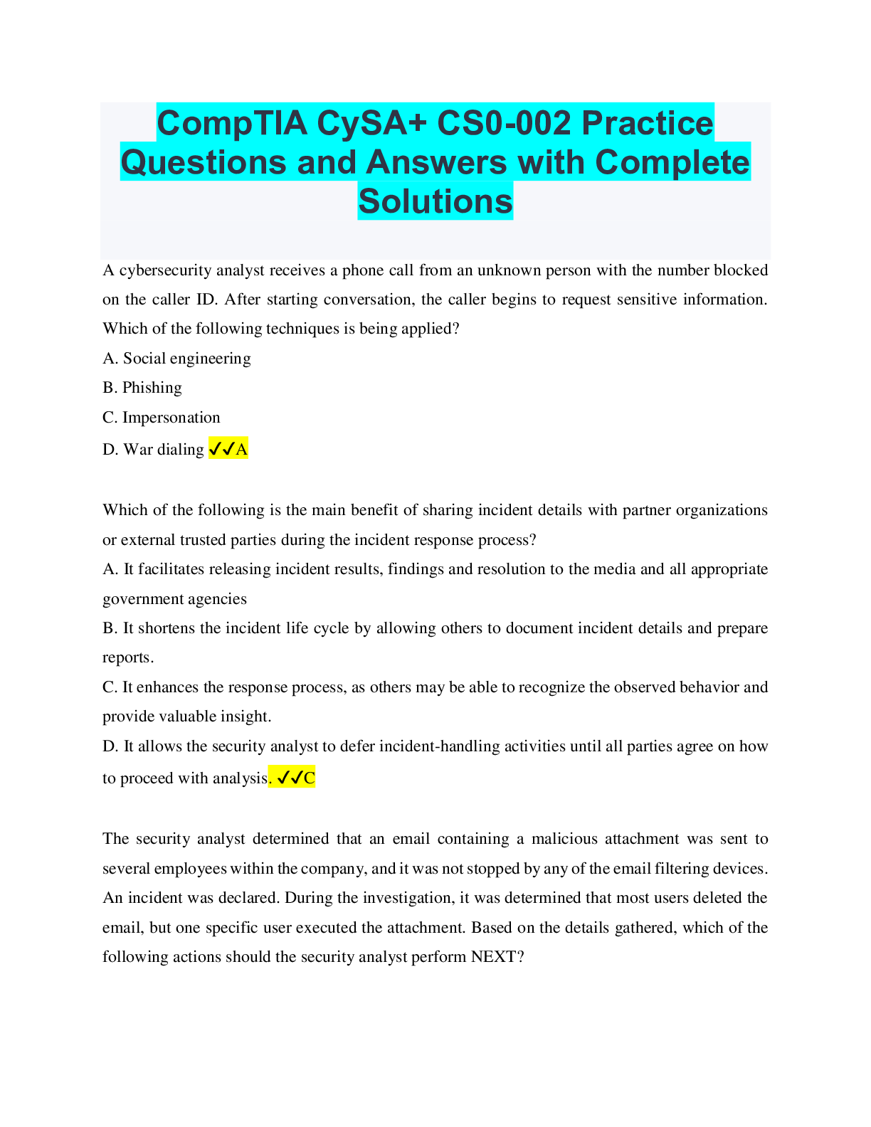 CompTIA CySA+ CS0-002 Practice Questions and Answers with Complete ...