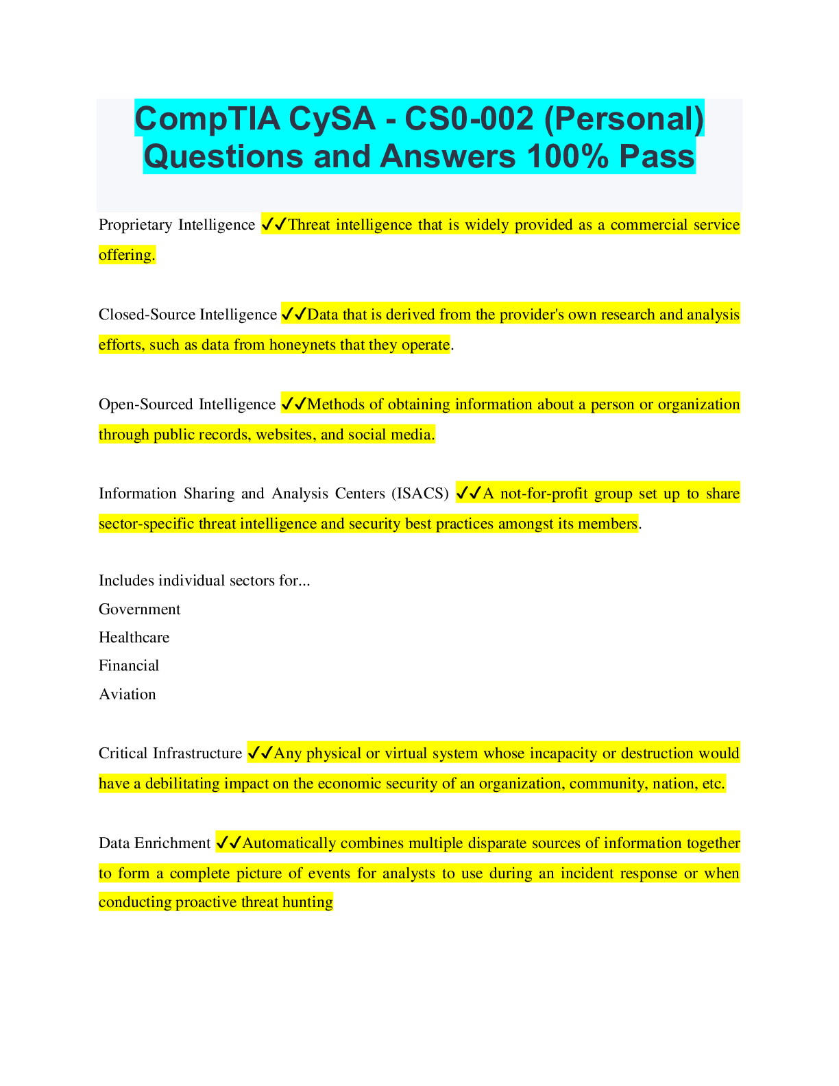 CompTIA CySA - CS0-002 (Personal) Questions and Answers 100% Pass ...