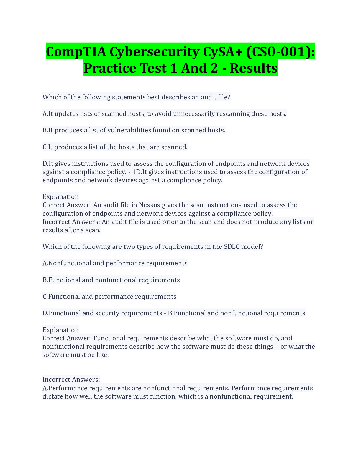 CompTIA Cybersecurity CySA+ (CS0-001): Practice Test #2 of 2 - Results ...