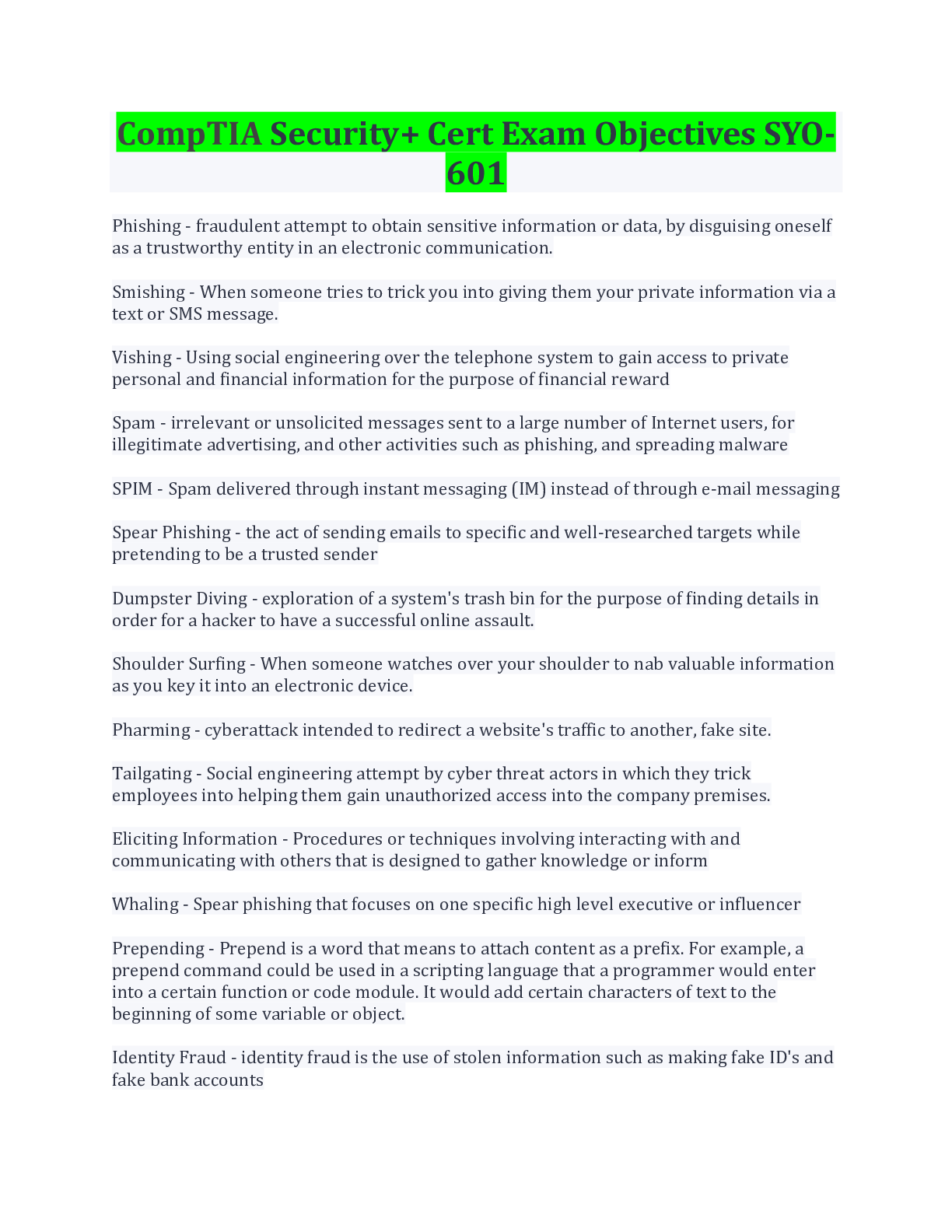 CompTIA Security+ Cert Exam Objectives SYO-601 Terms And Explanations ...