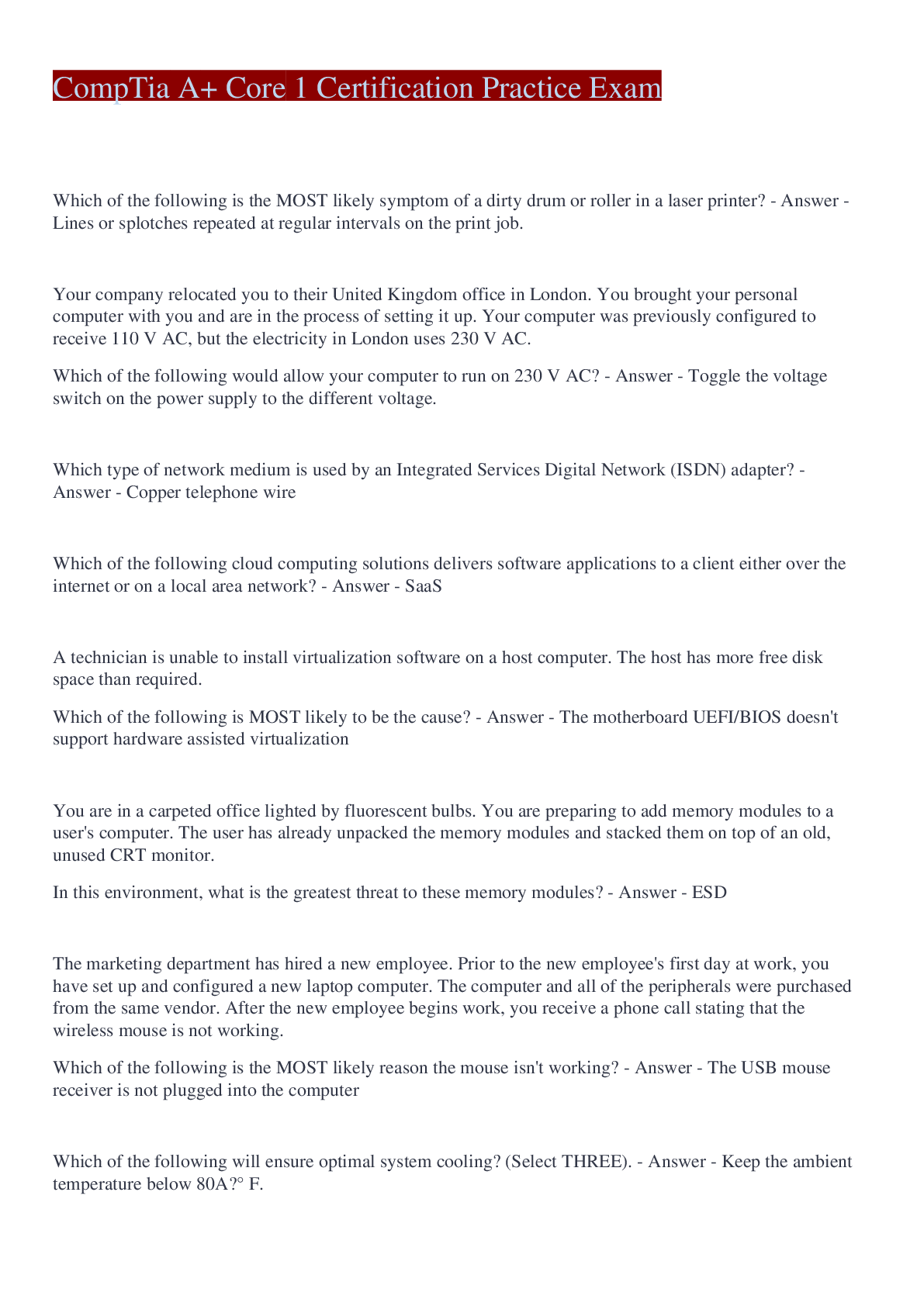 CompTia A+ Core 1 Certification Practice Exam Questions With Answers ...