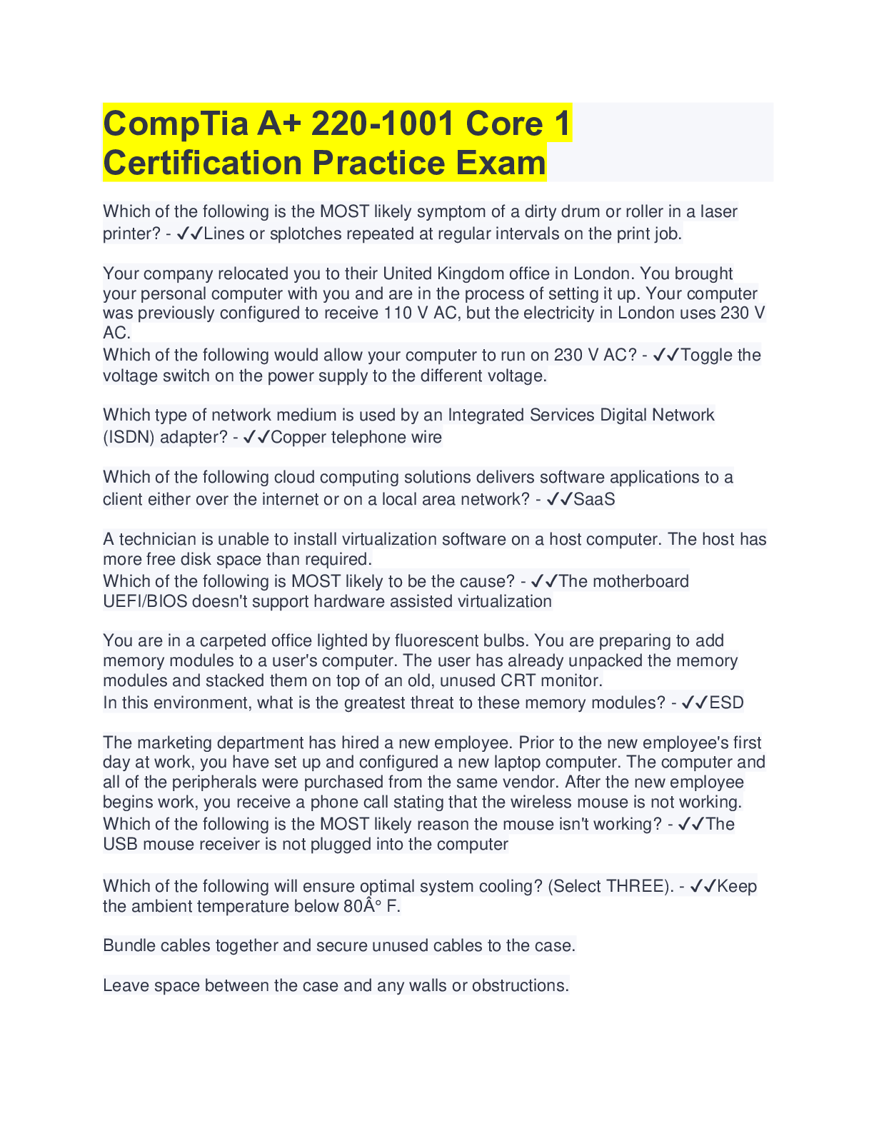 CompTia A+ 220-1001 Core 1 Certification Practice Exam - Scholarfriends