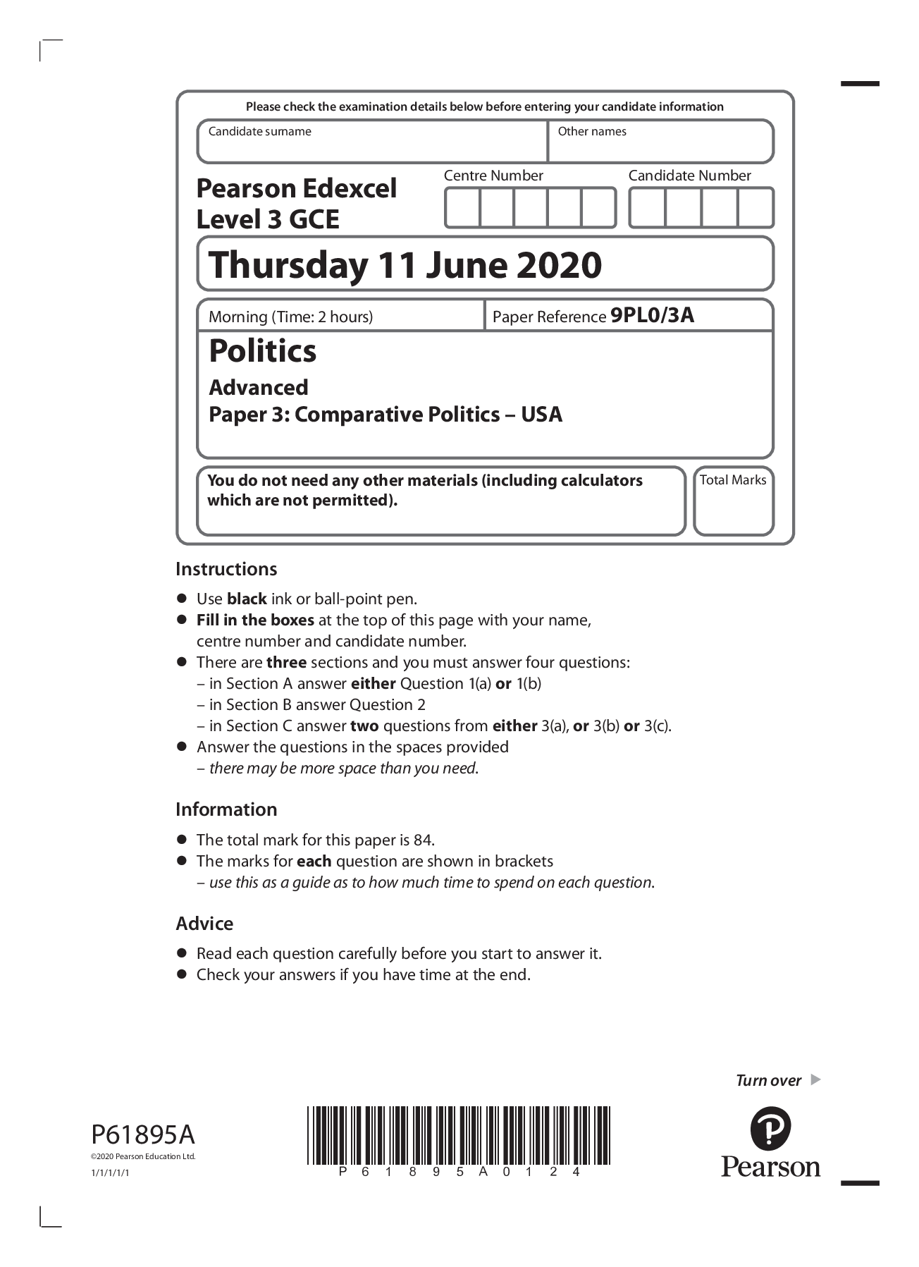 Pearson Edexcel Level 3 GCE Politics Advanced Paper 3: Comparative ...