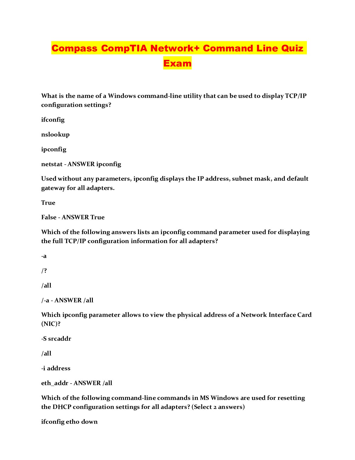 Compass CompTIA Network+ Command Line Quiz Exam - Scholarfriends